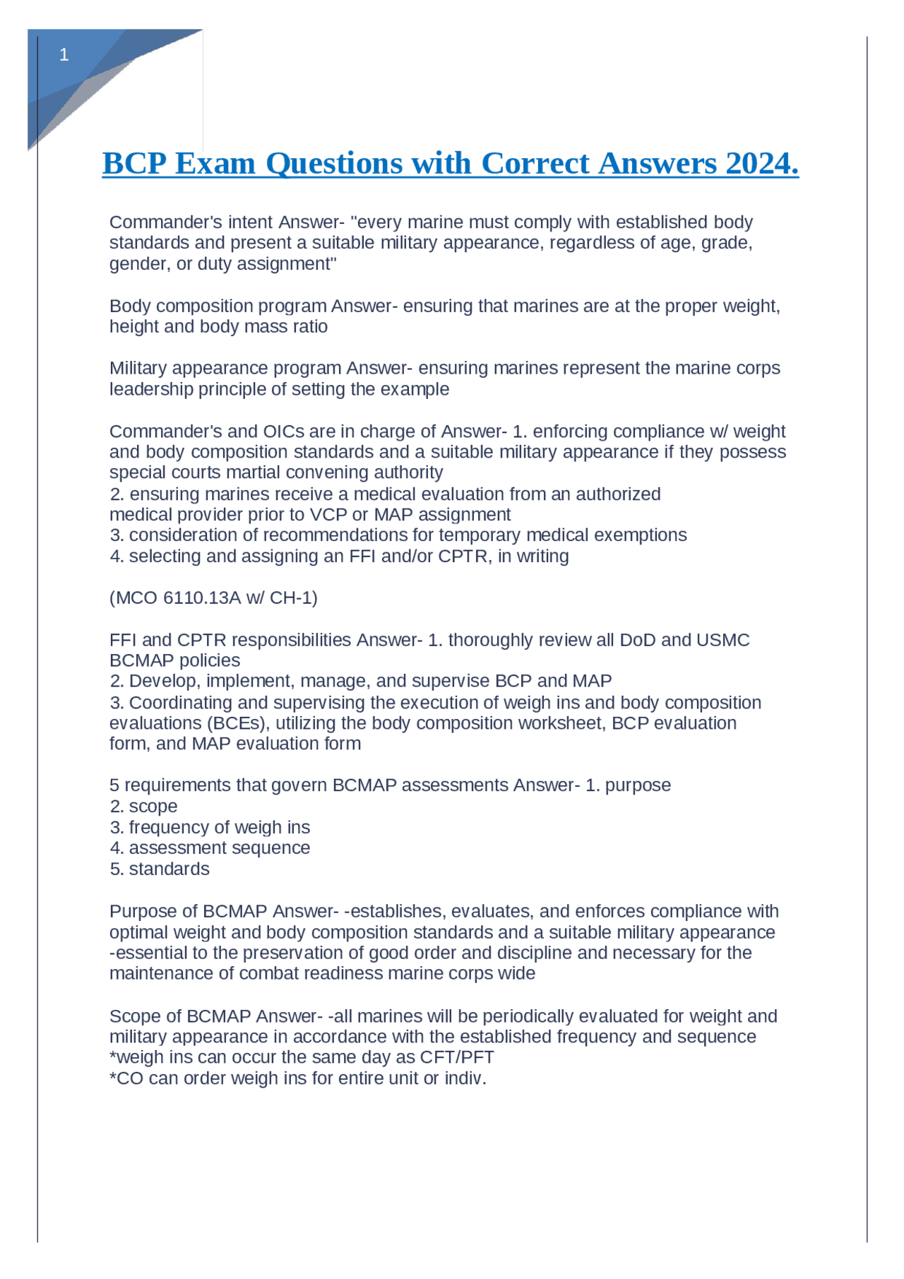 USMC Body Composition & Military Appearance Exam Questions and Answers ...