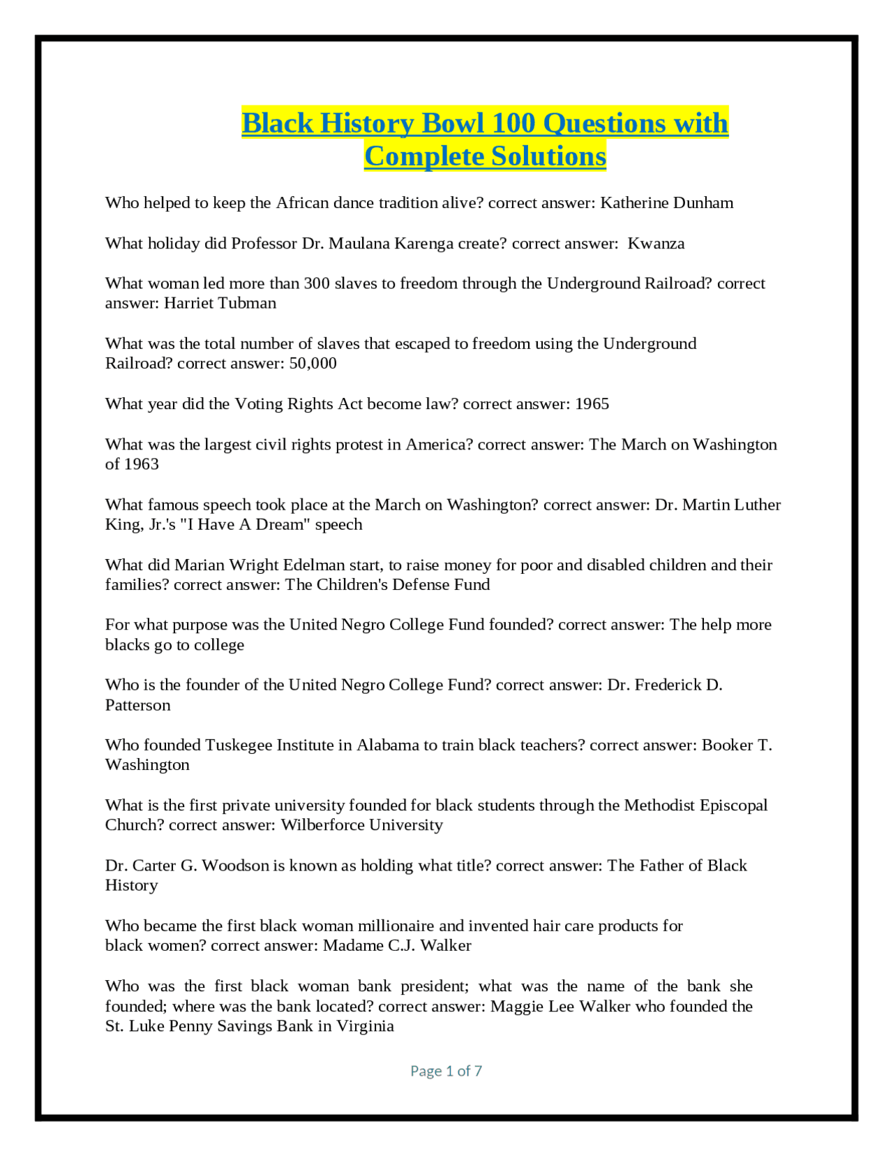 Black History Bowl: 100 Questions with Complete Solutions | Exams ...