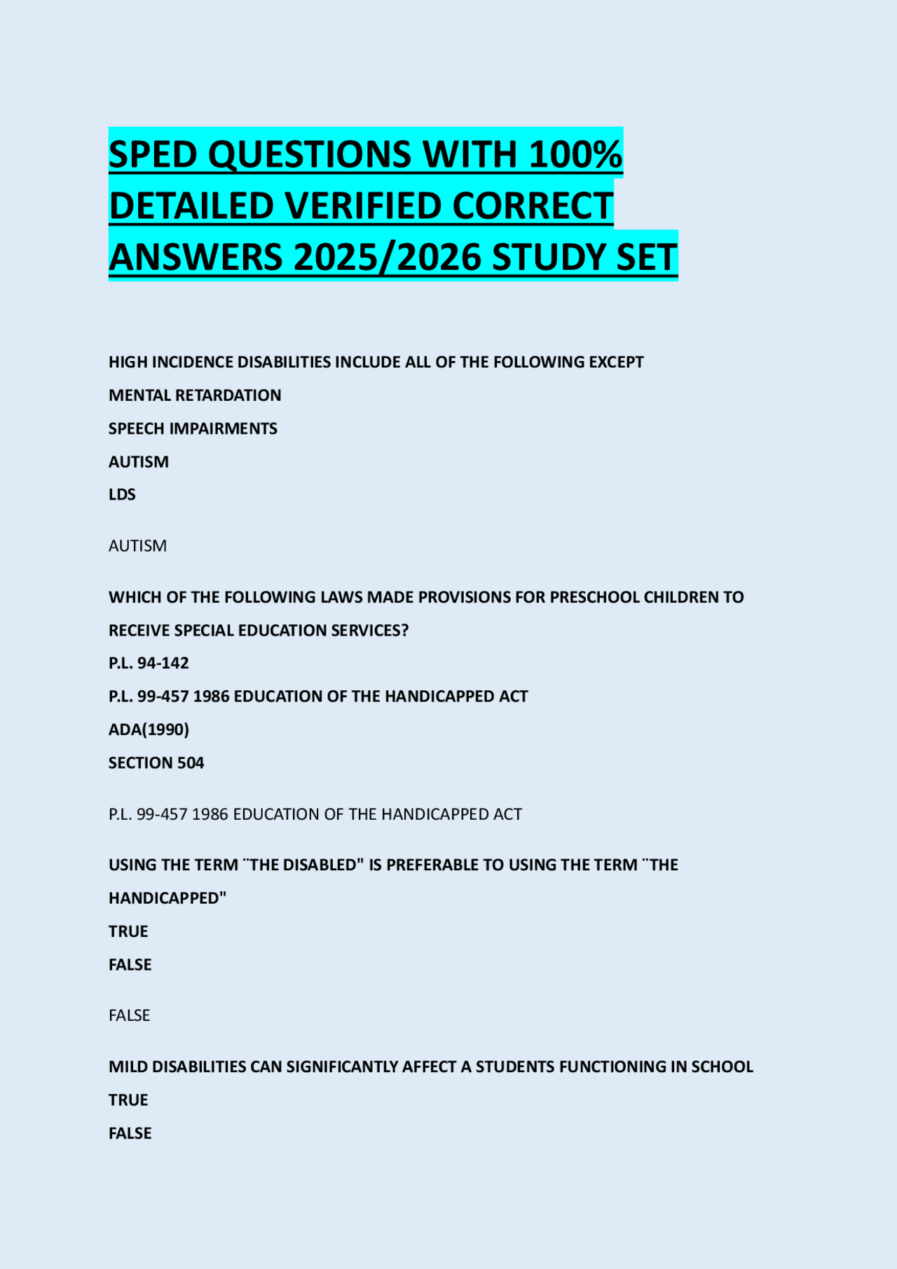 SPED QUESTIONS WITH 100% DETAILED VERIFIED CORRECT ANSWERS 2025/2026 ...