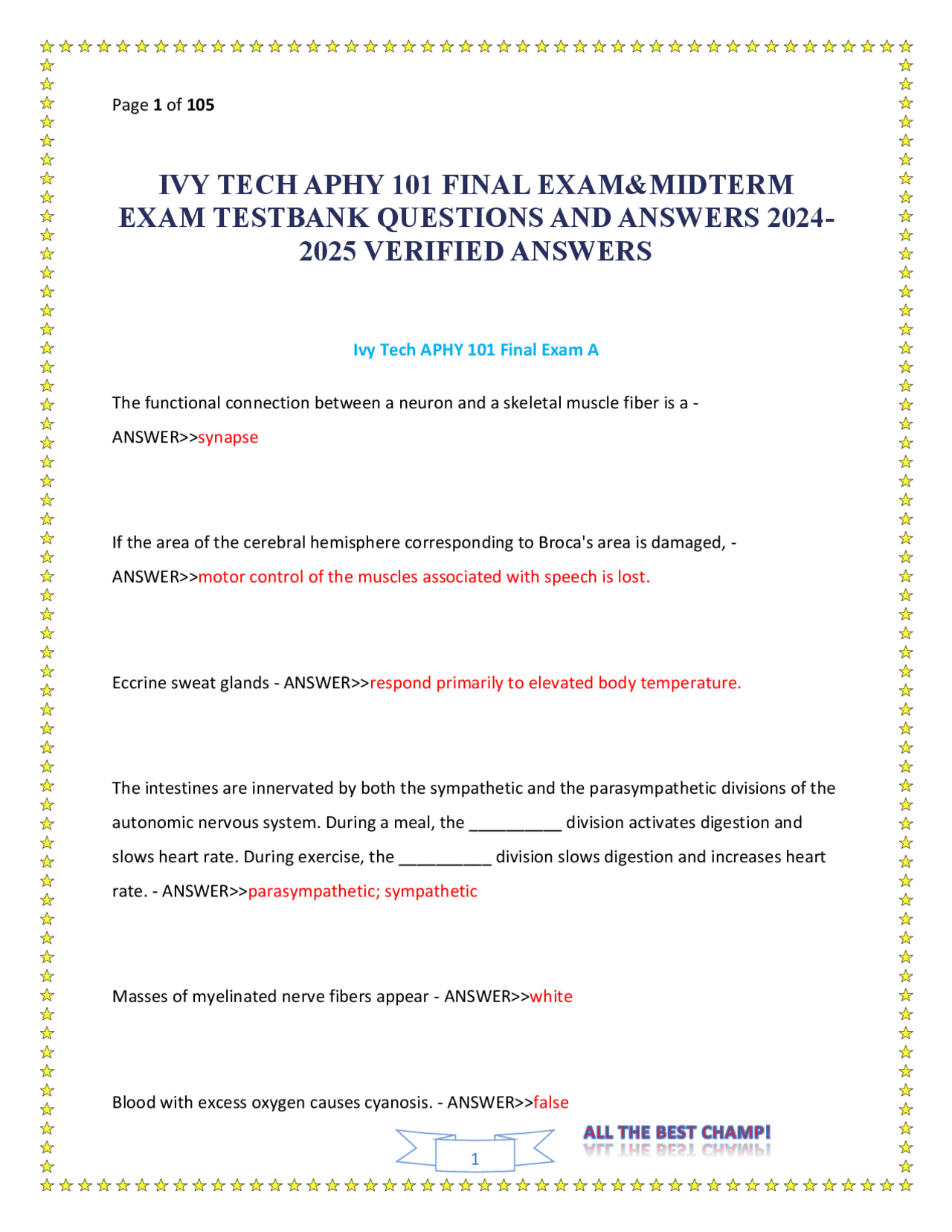 IVY TECH APHY 101 FINAL EXAM&MIDTERM EXAM TESTBANK QUESTIONS AND ...