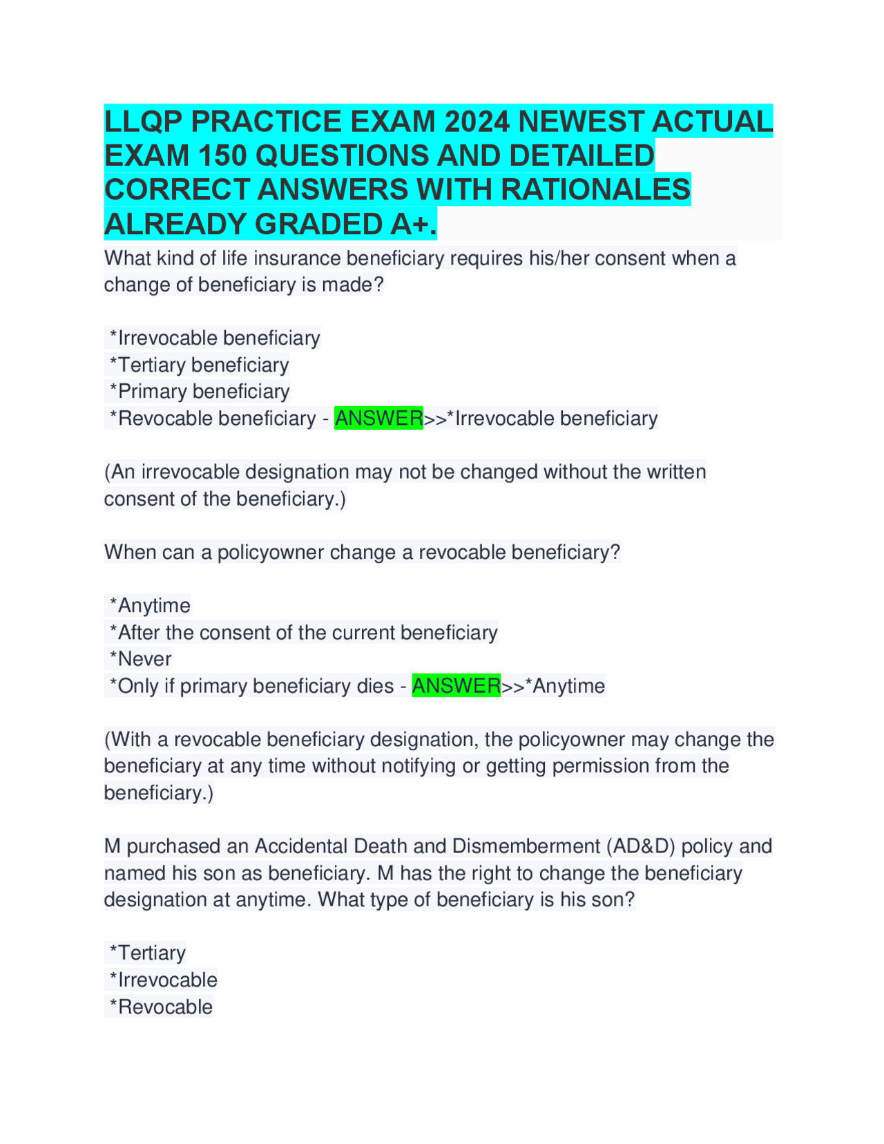 LLQP PRACTICE EXAM 2025 NEWEST ACTUAL EXAM 150 QUESTIONS AND DETAILED ...
