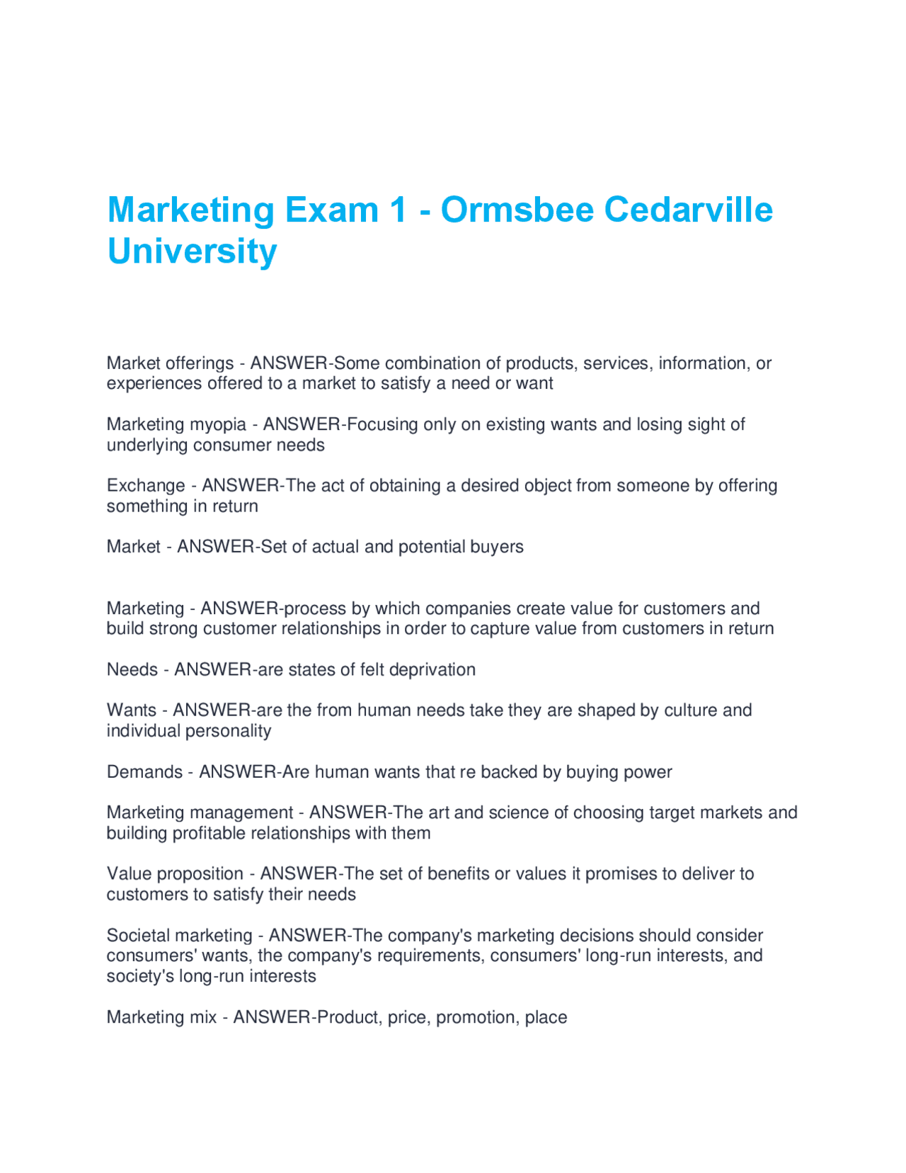 Marketing Exam 1 - Ormsbee Cedarville University Questions and Answers ...
