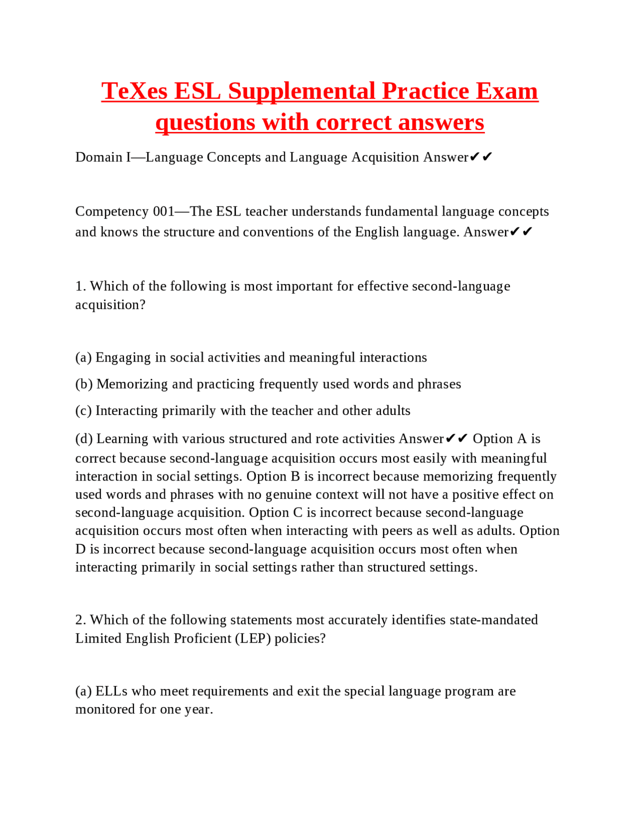 TeXes ESL Supplemental Practice Exam questions with correct answers ...