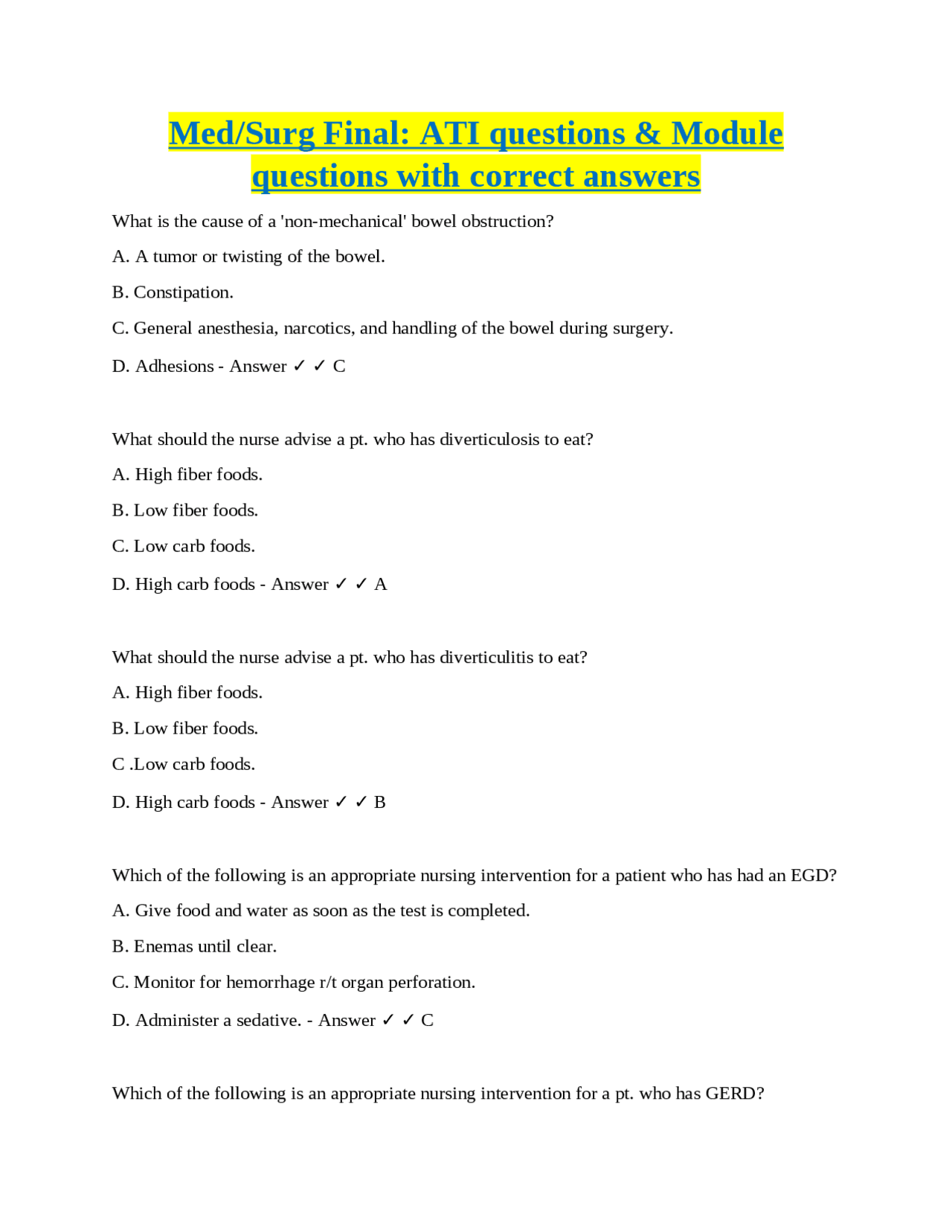 Medical-Surgical Nursing: ATI Questions and Module Questions with ...