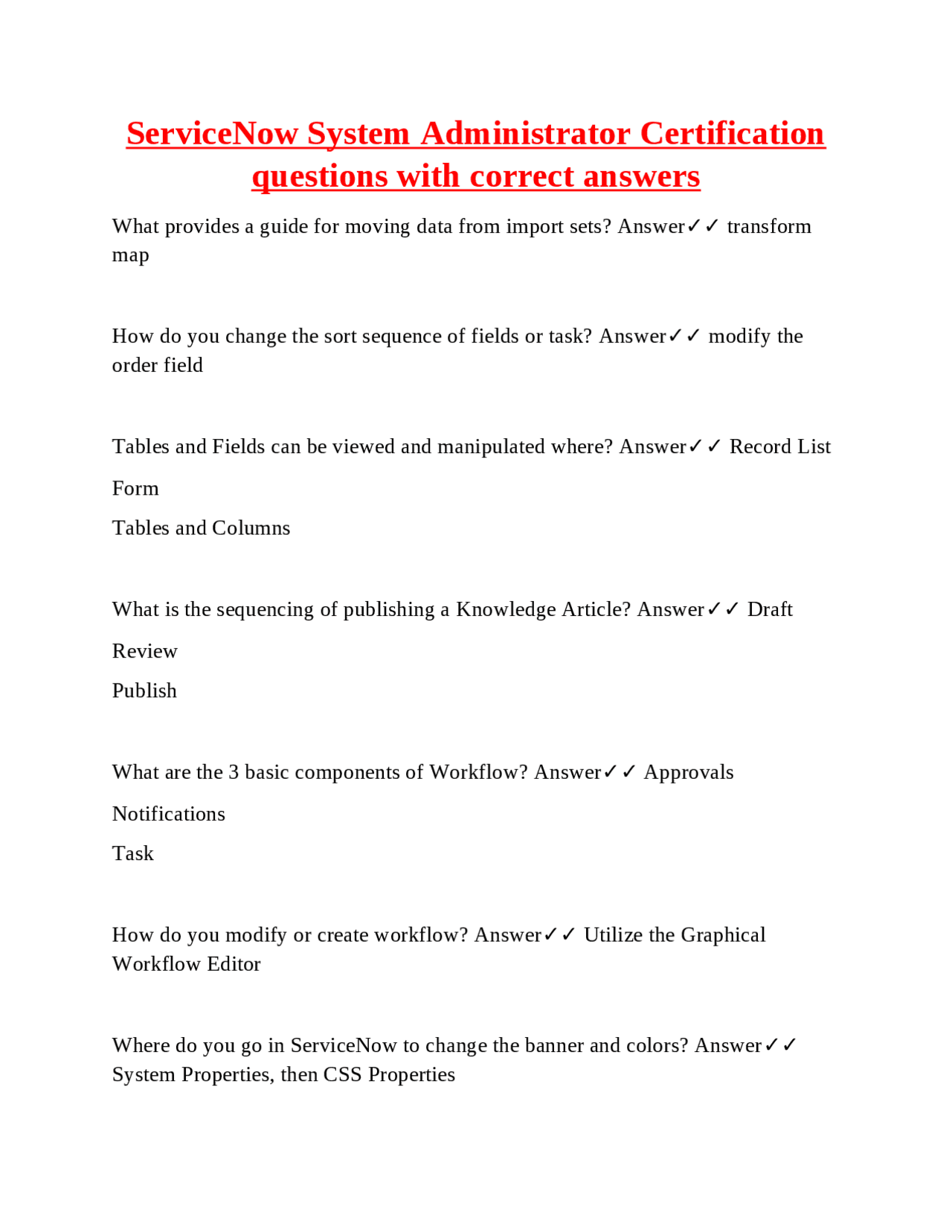 ServiceNow System Administrator Certification questions with correct ...