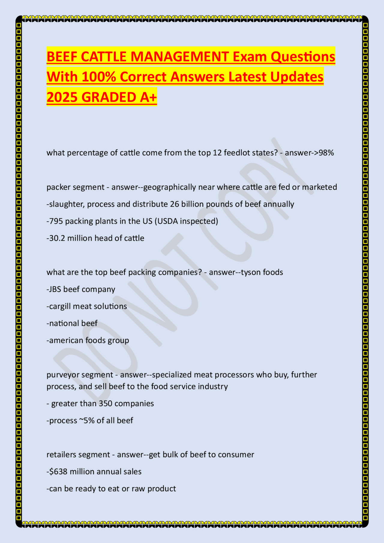 BEEF CATTLE MANAGEMENT Exam Questions With 100% Correct Answers Latest ...