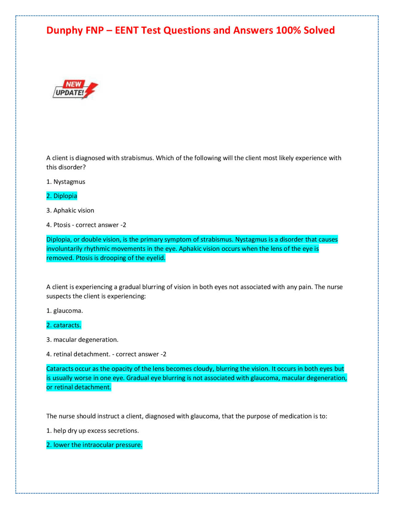 Dunphy FNP – EENT Test Questions and Answers 100% Solved | Exams ...