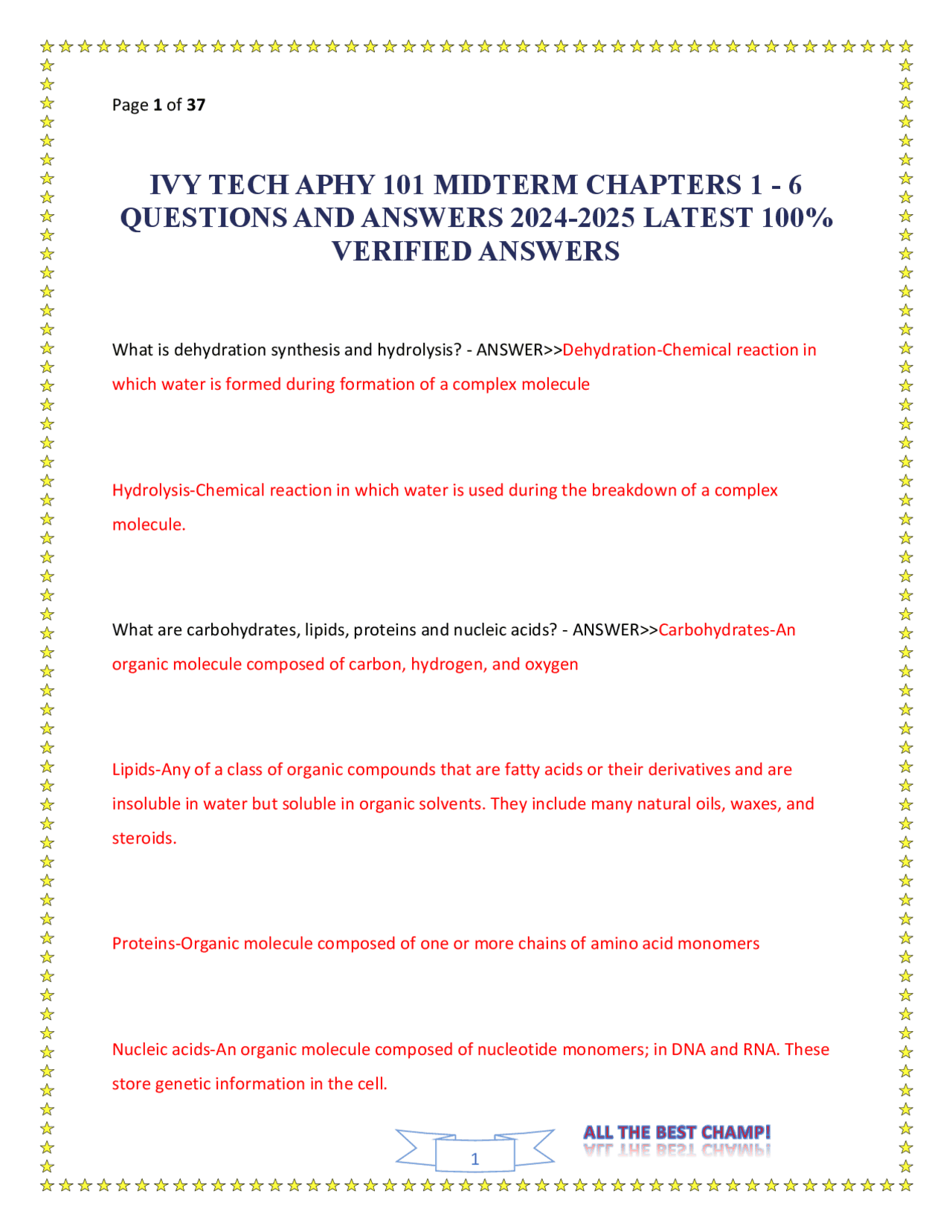IVY TECH APHY 101 MIDTERM CHAPTERS 1 - 6 QUESTIONS AND ANSWERS 2024 ...