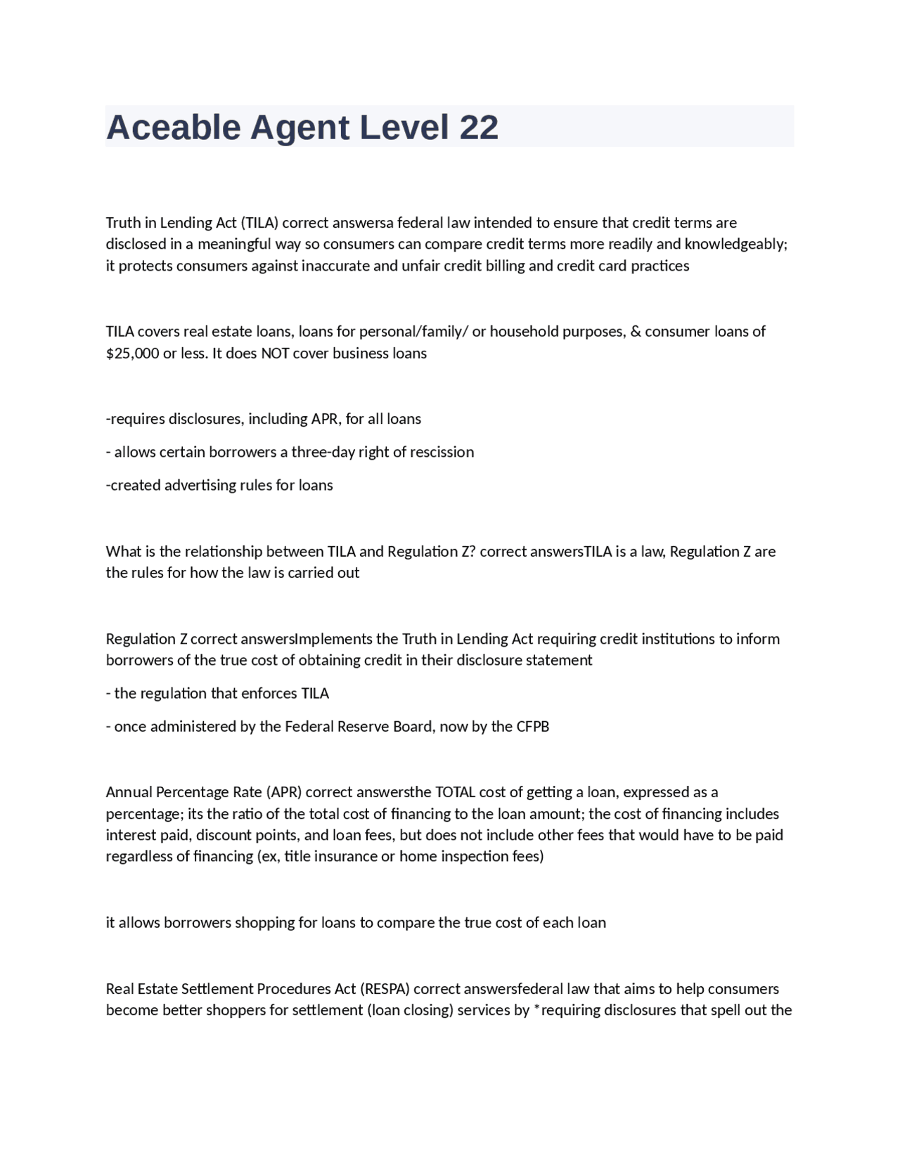 Aceable Agent Level 22 | Exams Real Estate Management | Docsity