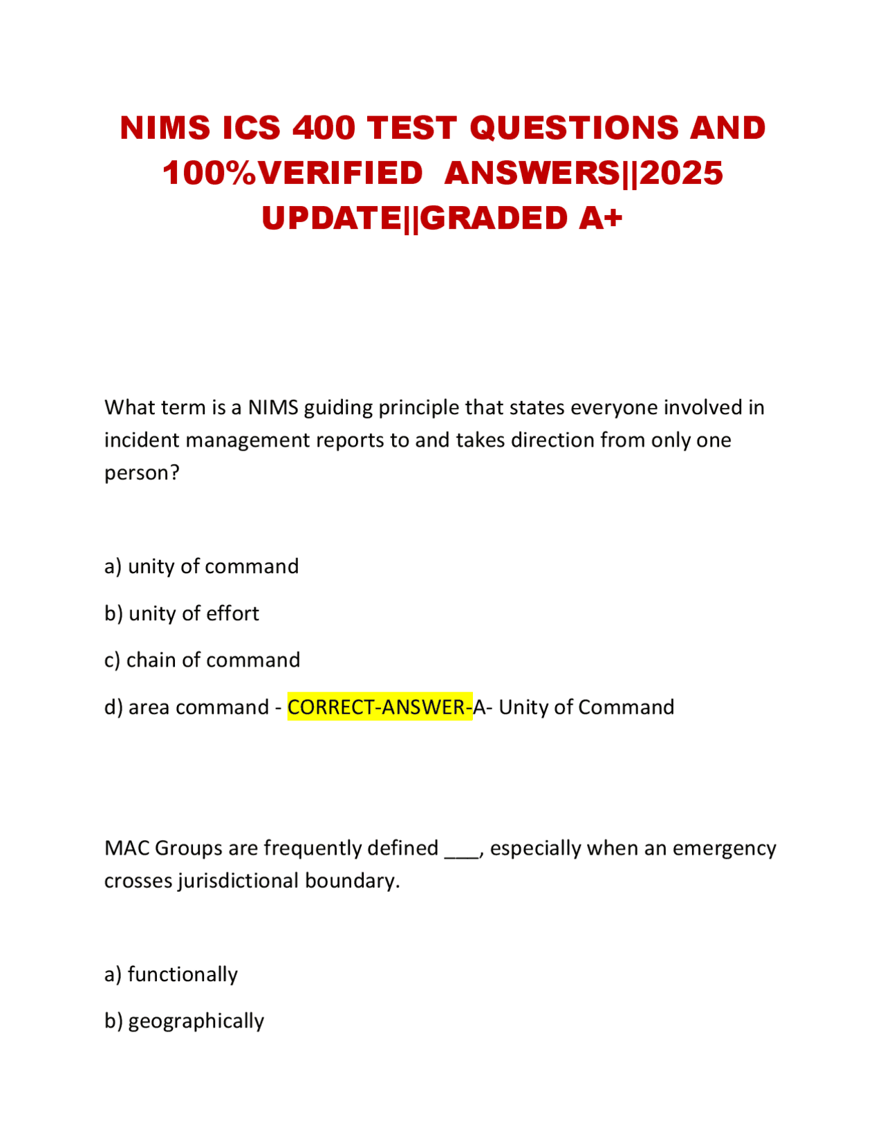 NIMS ICS 400 Test Questions and Answers: A Comprehensive Guide to ...