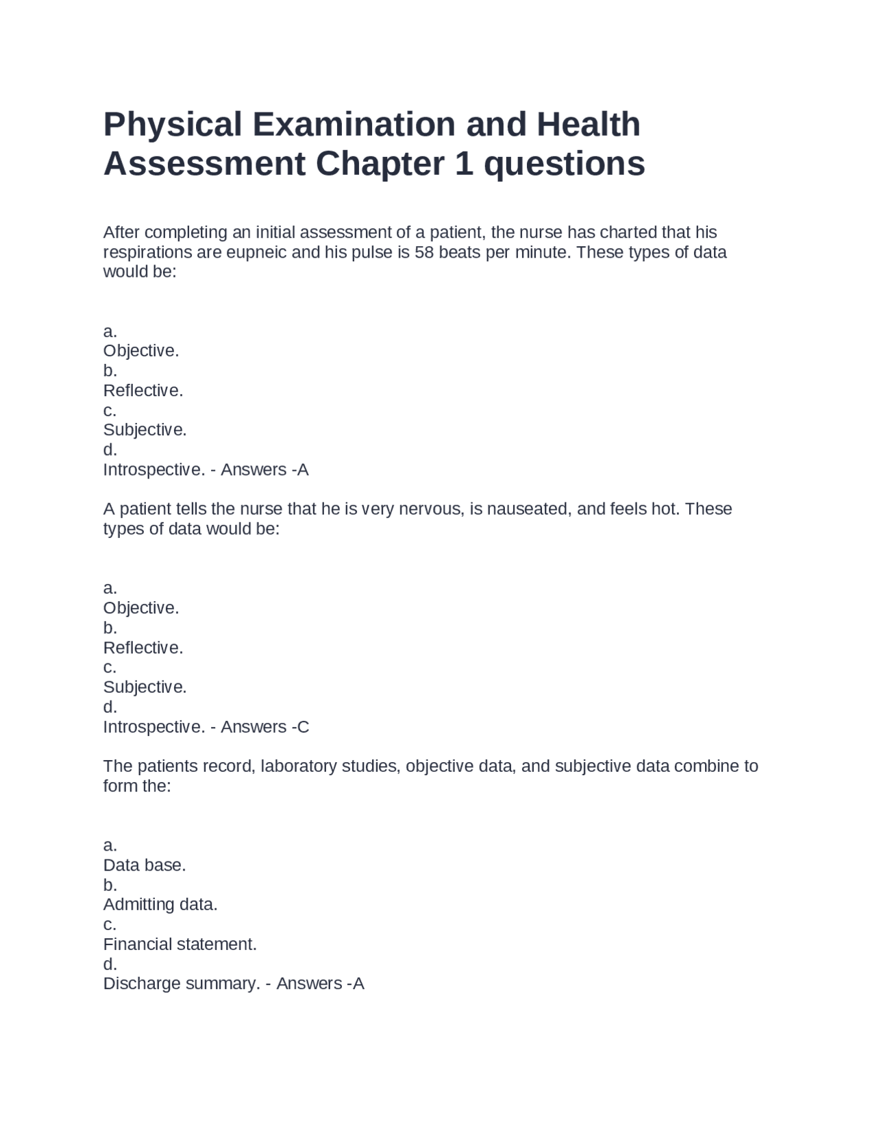 Physical Examination and Health Assessment Chapter 1 Questions and 100% ...