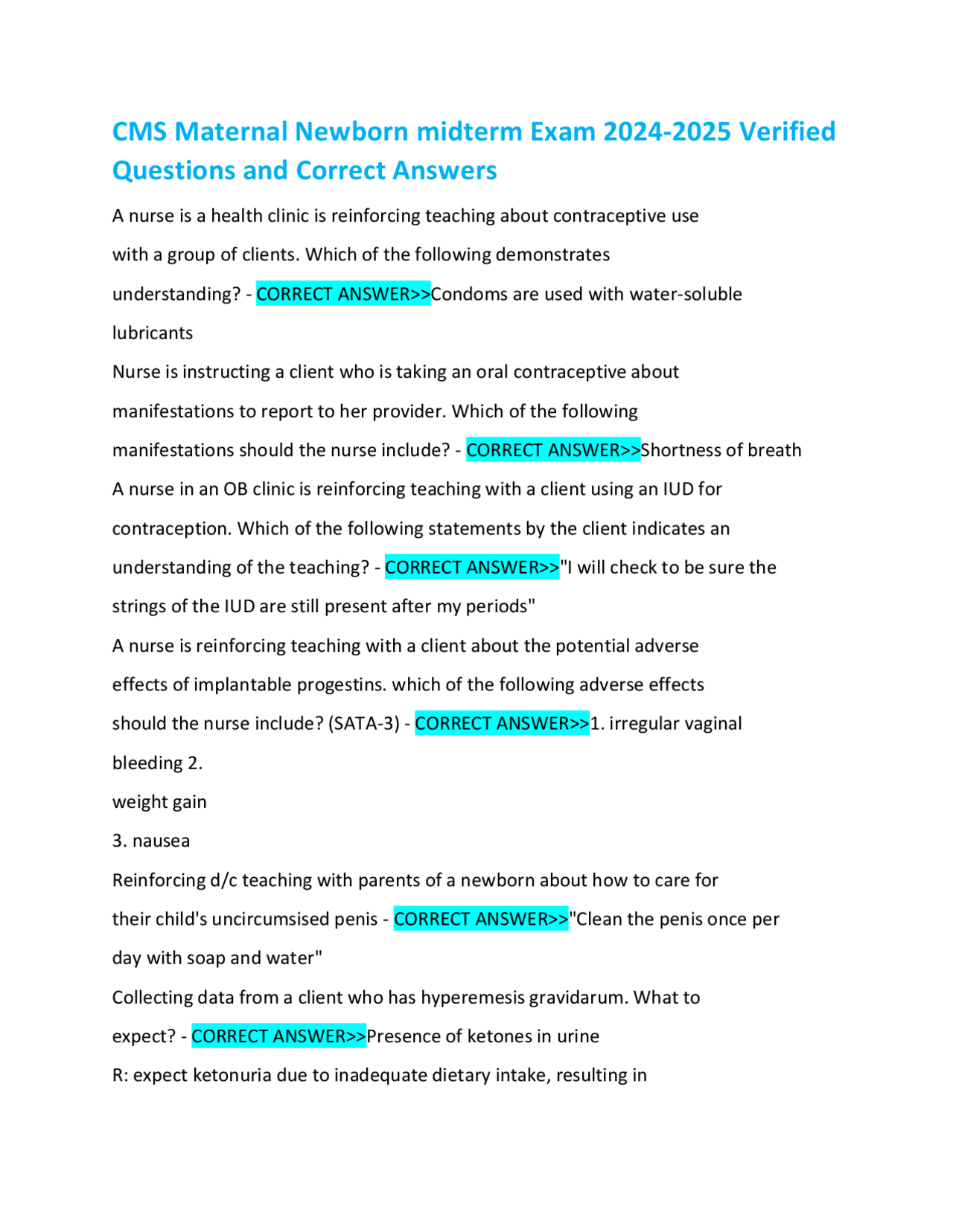 CMS Maternal Newborn midterm Exam 2024-2025 Verified Questions and Correct Answers | Exams ...