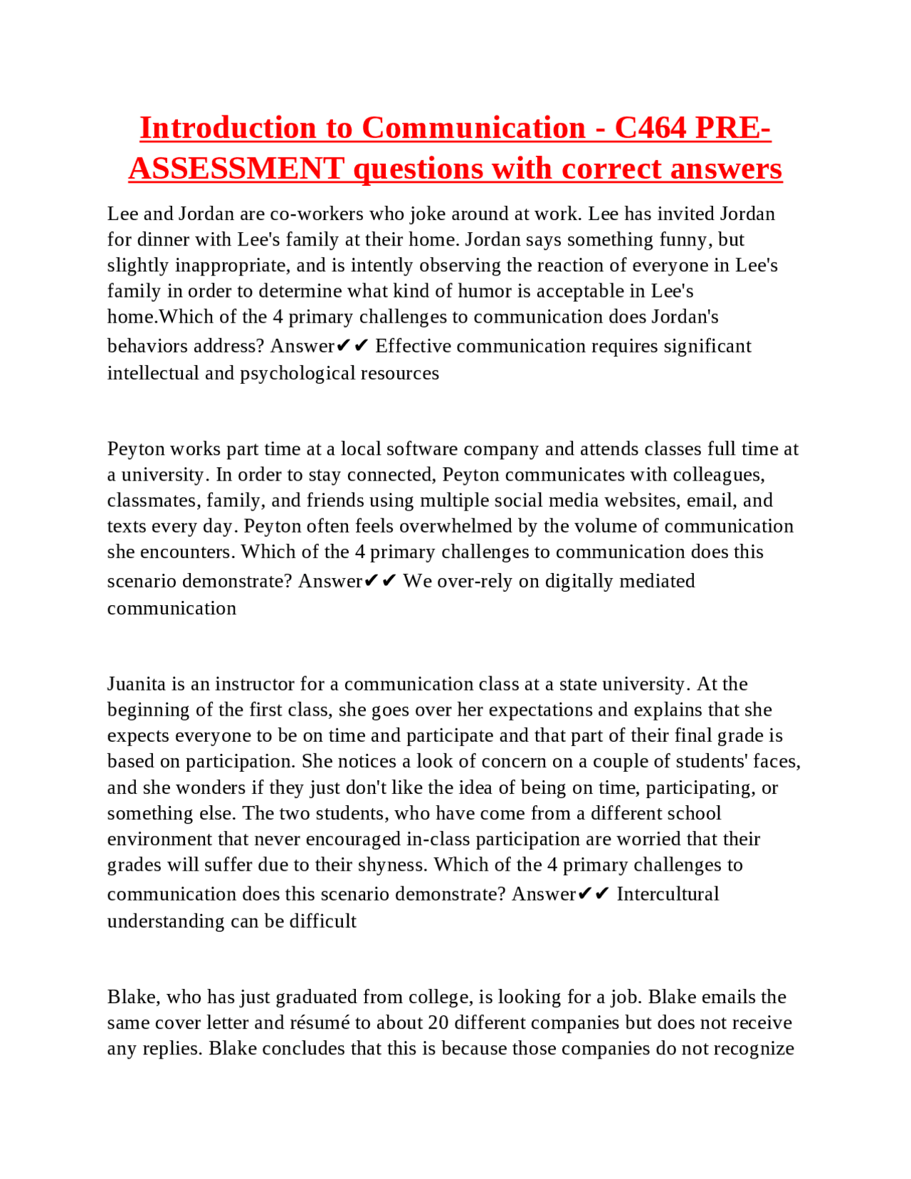 Introduction to Communication - C464 PRE-ASSESSMENT questions with correct answers | Exams ...