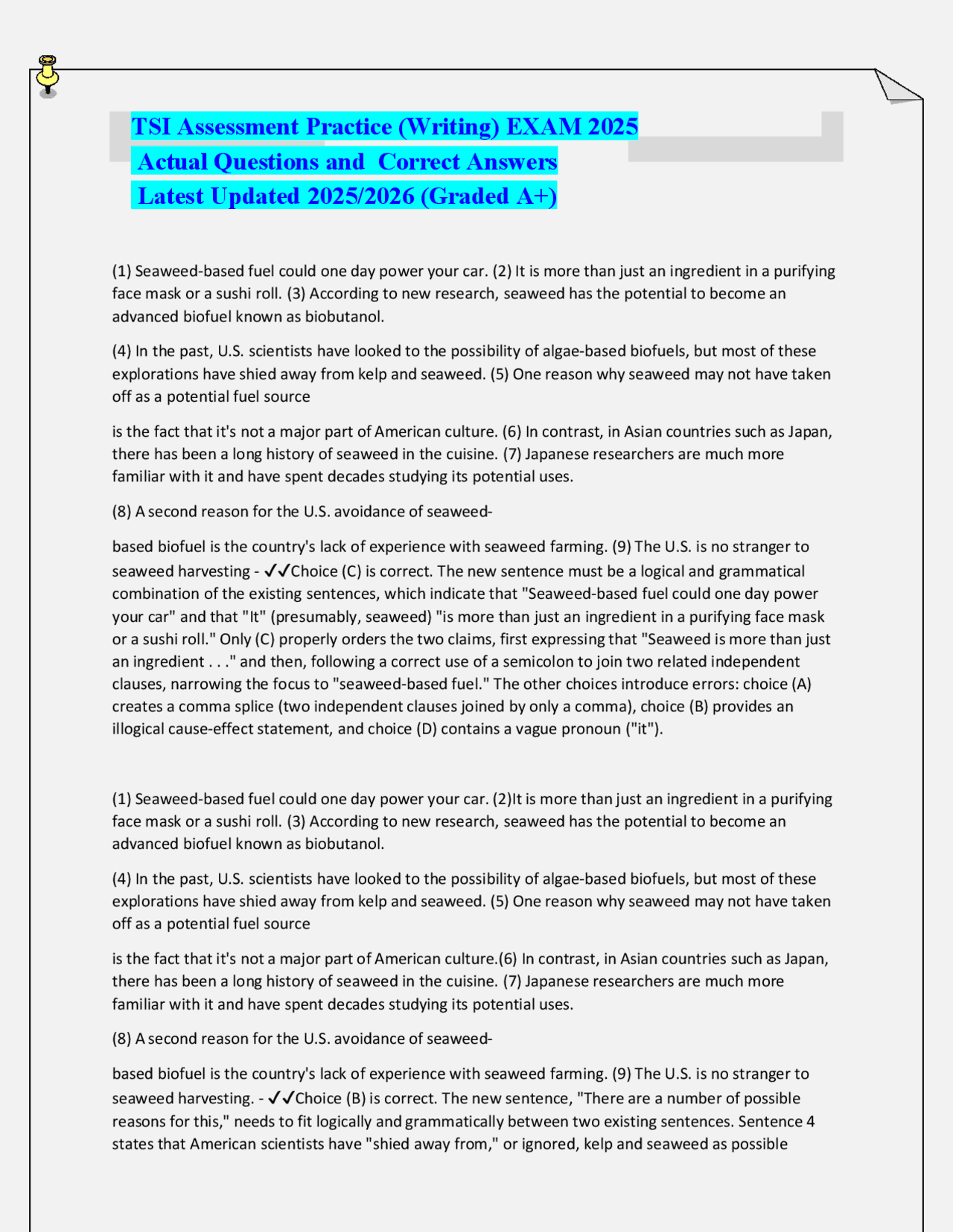 TSI Assessment Practice (Writing) EXAM 2025 Actual Questions and ...