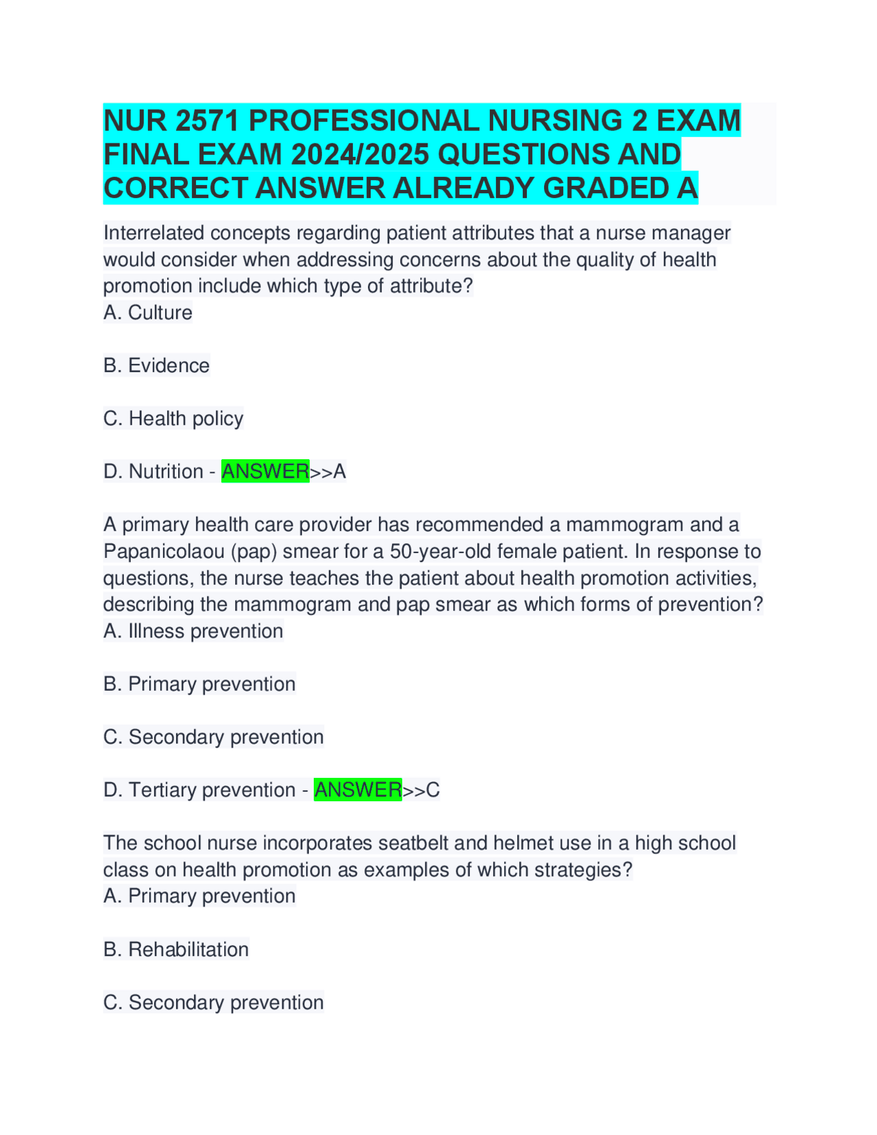 NUR 2571 PROFESSIONAL NURSING 2 EXAM FINAL EXAM 2024/2025 QUESTIONS AND CORRECT ANSWER | Exams ...