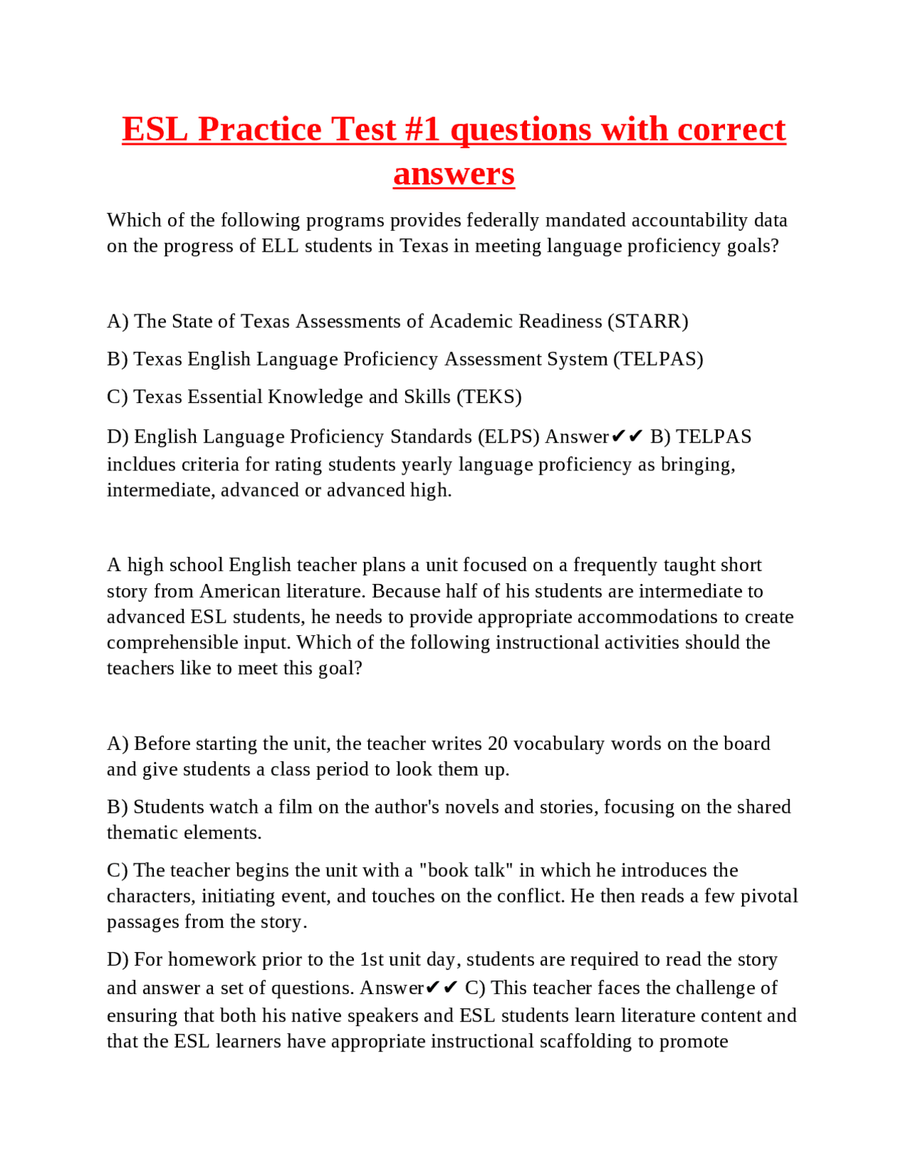 ESL Practice Test #1 questions with correct answers | Exams ...