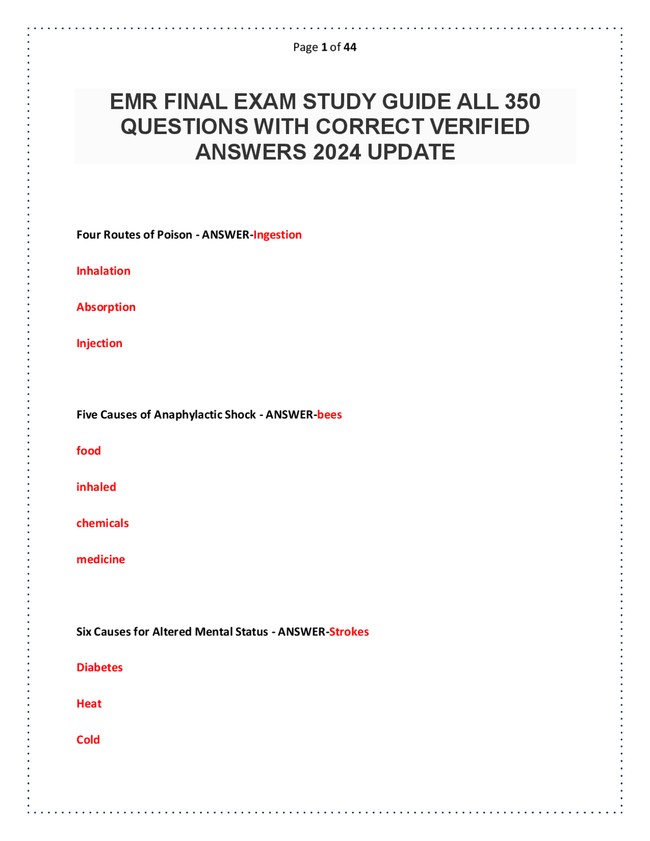 EMR FINAL EXAM STUDY GUIDE ALL 350 QUESTIONS WITH CORRECT VERIFIED ...