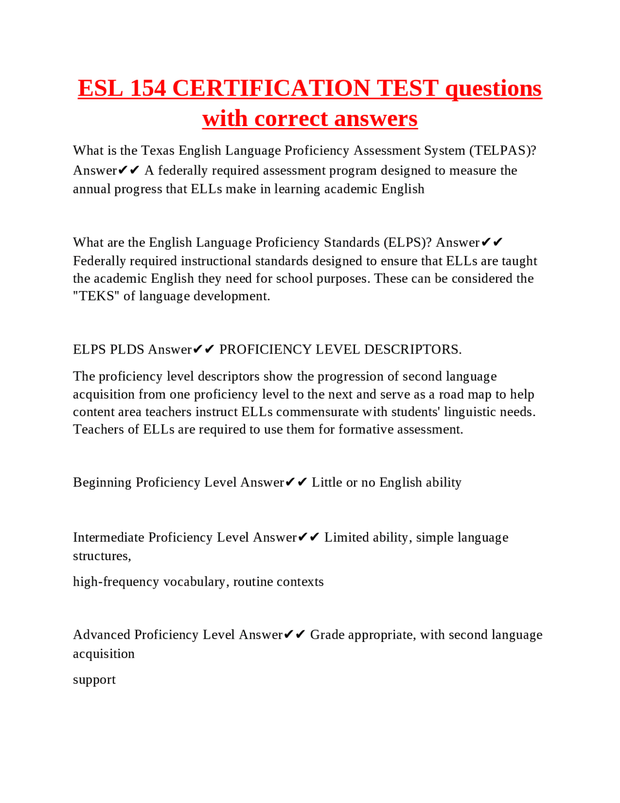 ESL 154 CERTIFICATION TEST questions with correct answers | Exams ...