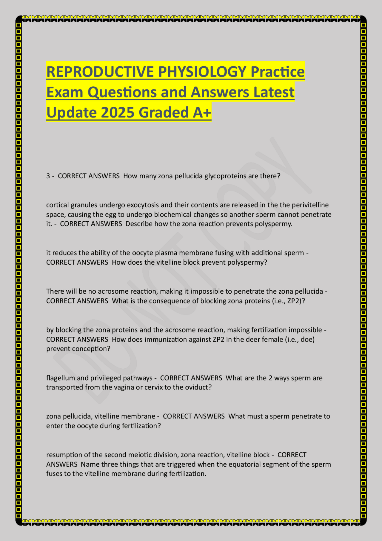 REPRODUCTIVE PHYSIOLOGY Practice Exam Questions and Answers Latest ...