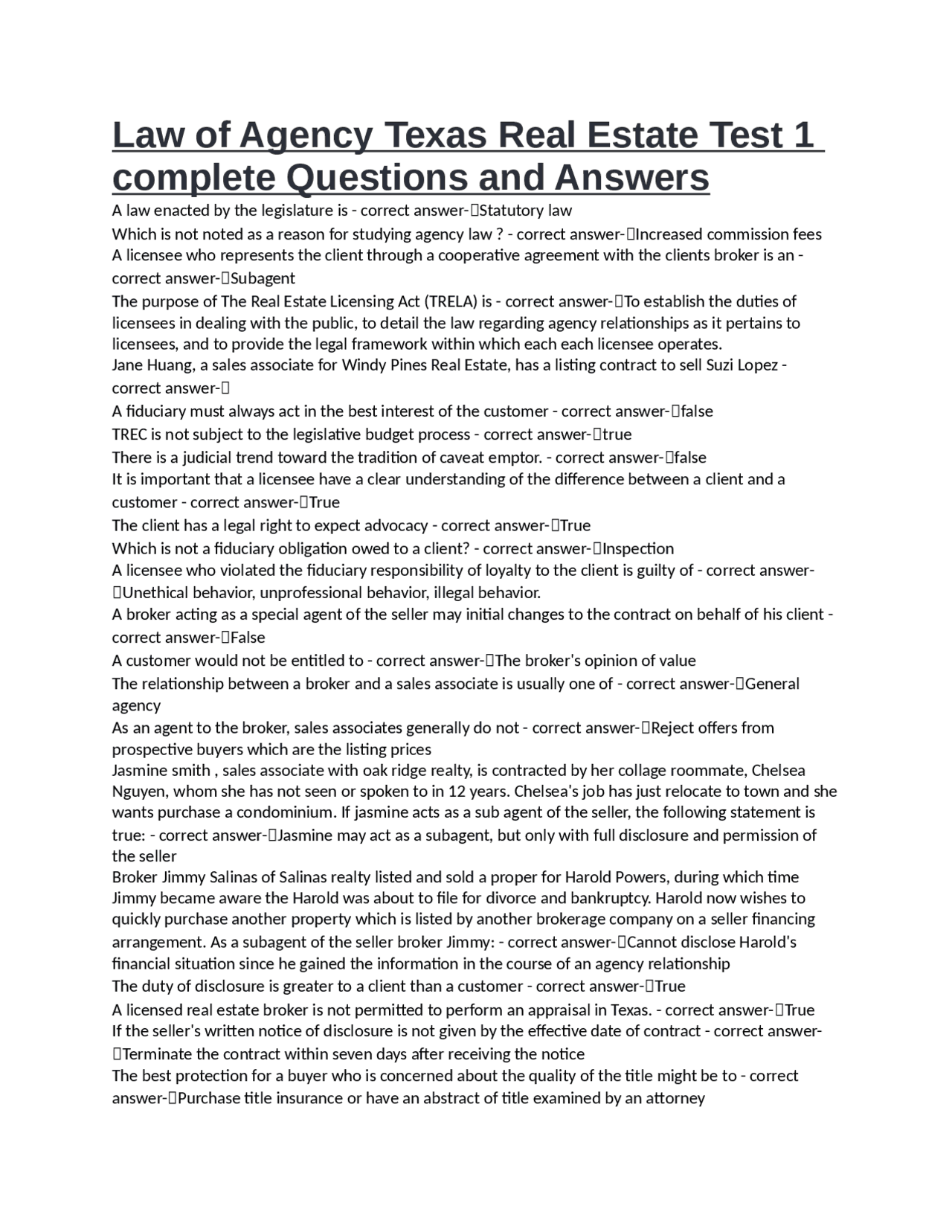 Texas Real Estate Agency Law: Test 1 Questions and Answers | Exams Real ...
