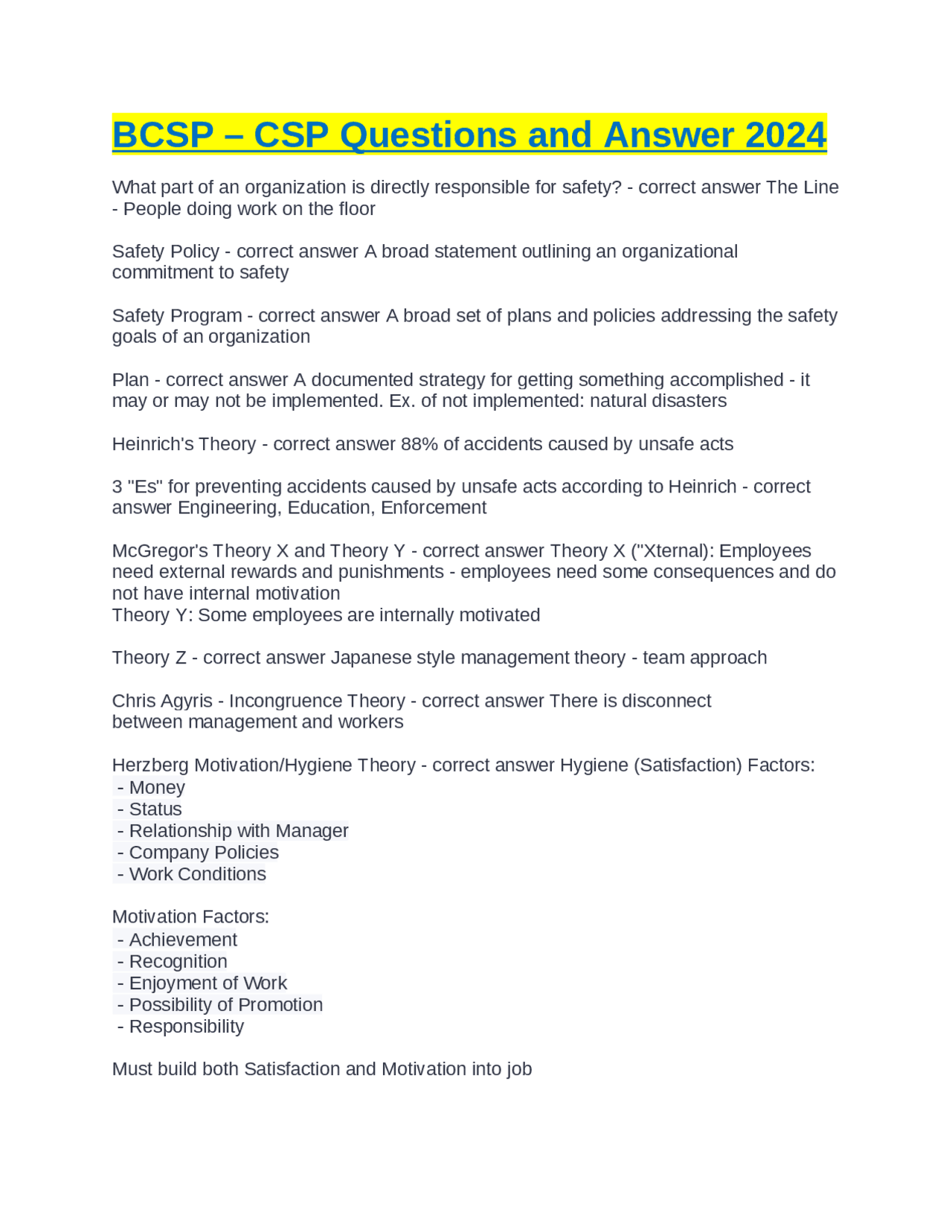 BCSP – CSP Exam Questions and Answers | Exams Nursing | Docsity