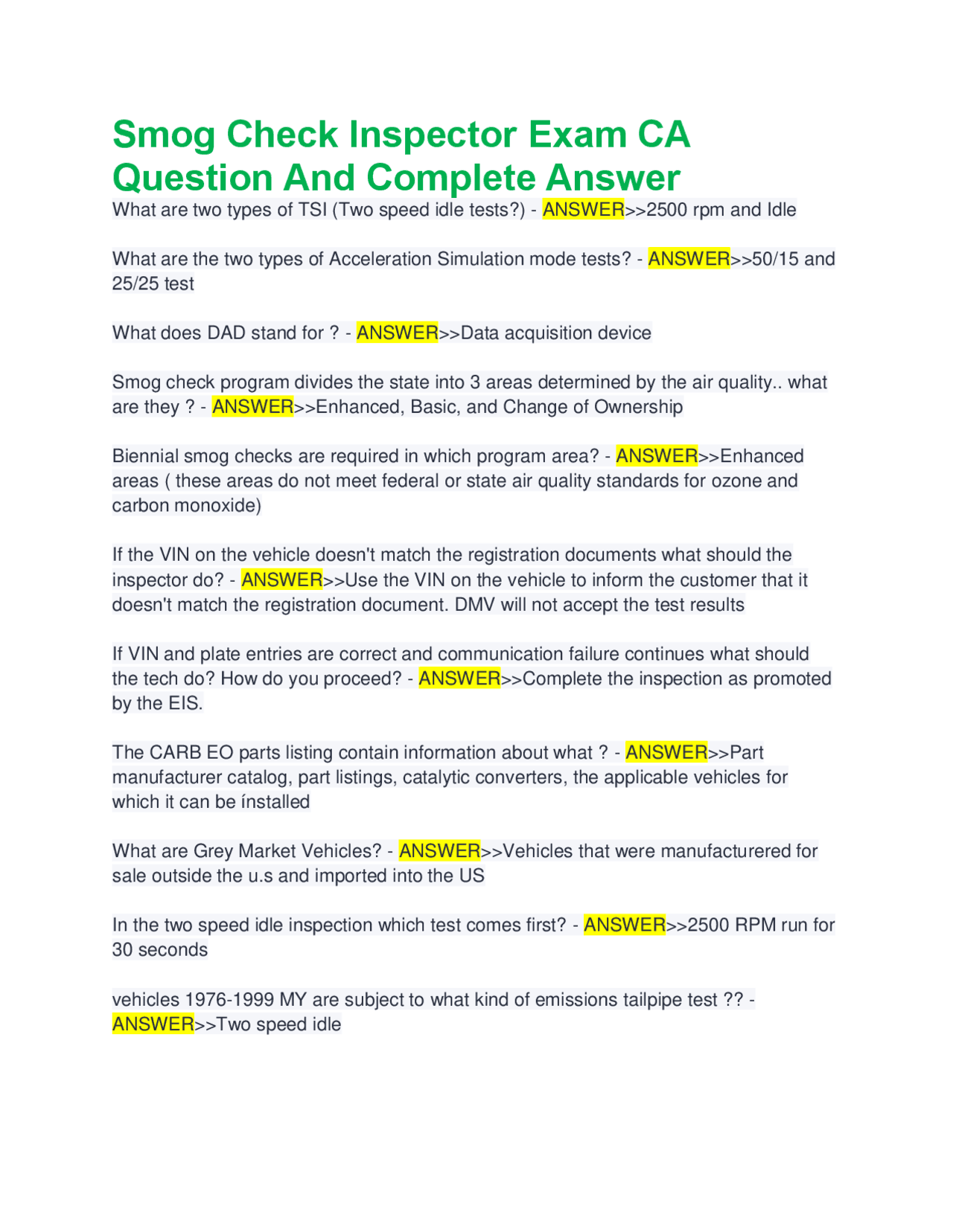 Smog Check Inspector Exam CA Question And Complete Answer | Exams ...