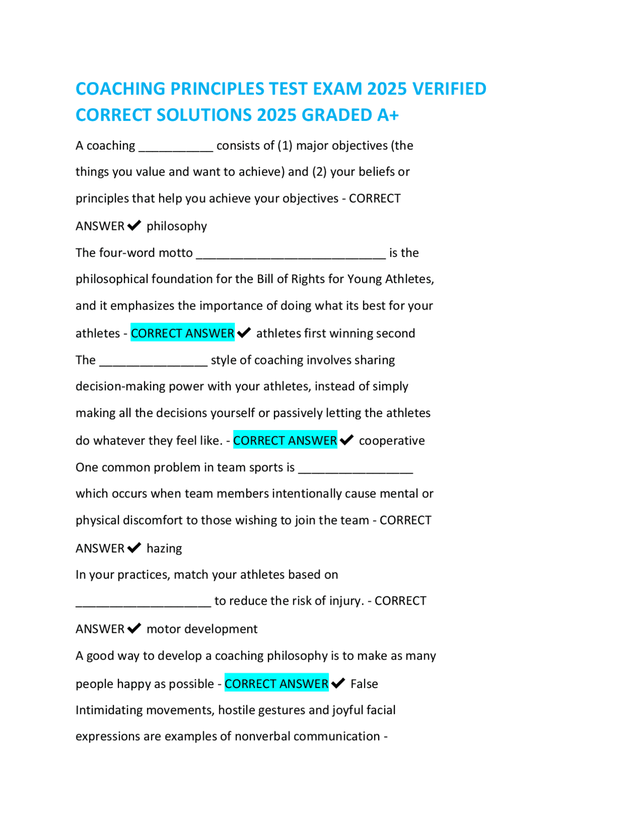 COACHING PRINCIPLES TEST EXAM 2025 VERIFIED CORRECT SOLUTIONS 2025 ...