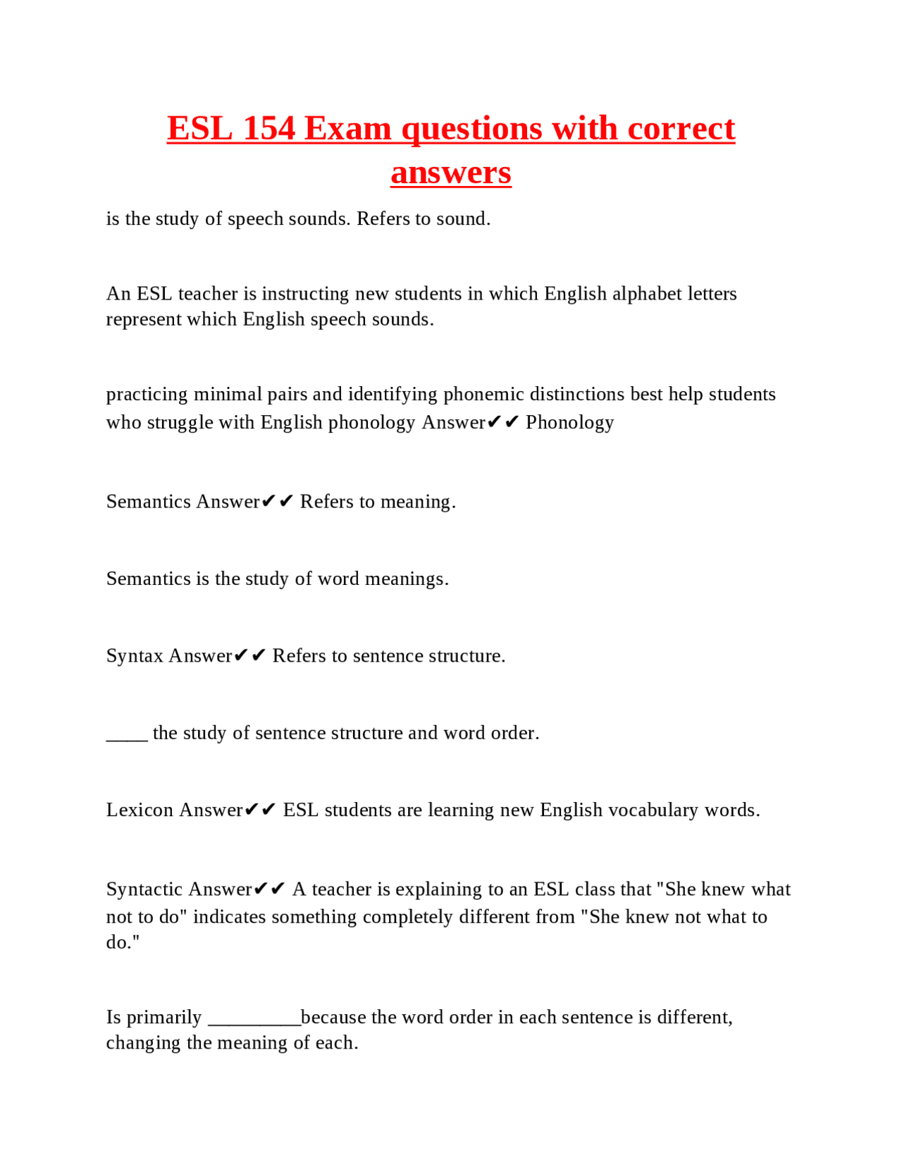 ESL 154 Exam Questions and Answers: Understanding English Language ...