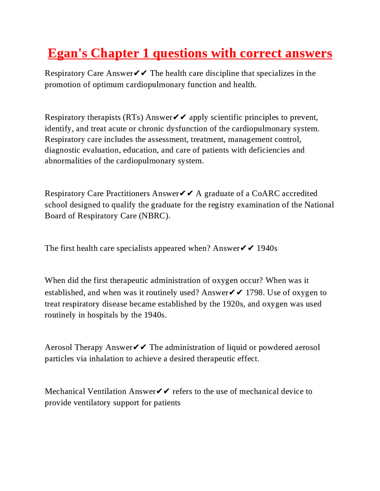 Egan's Chapter 1 questions with correct answers | Exams Nursing | Docsity
