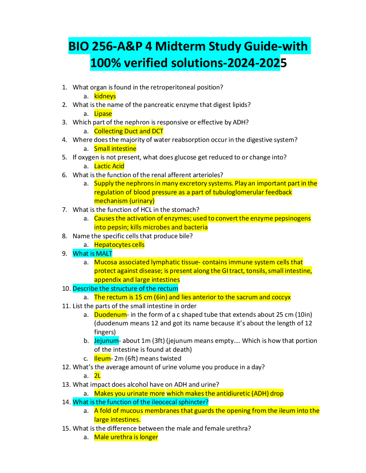 BIO 256-A&P 4 Midterm Study Guide-with 100% verified solutions-2024-2025 1. What organ i | Study ...