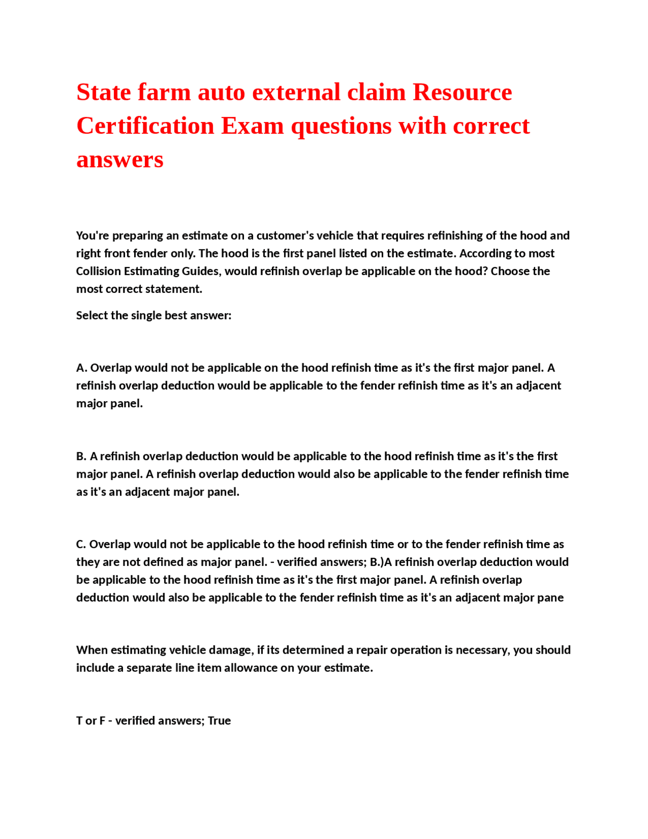 State Farm Auto External Claim Resource Certification Exam Questions ...