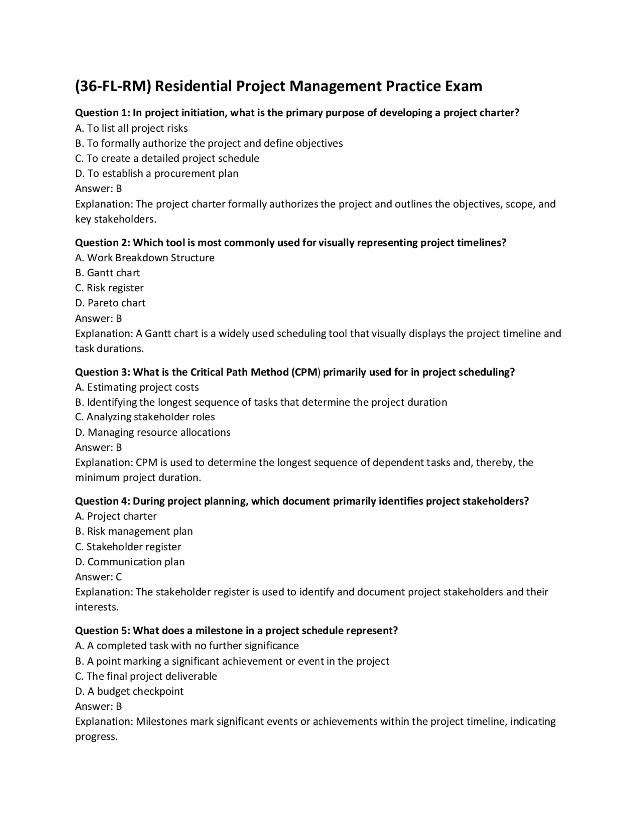 (36-FL-RM) Residential Project Management Exam | Exams Technology | Docsity