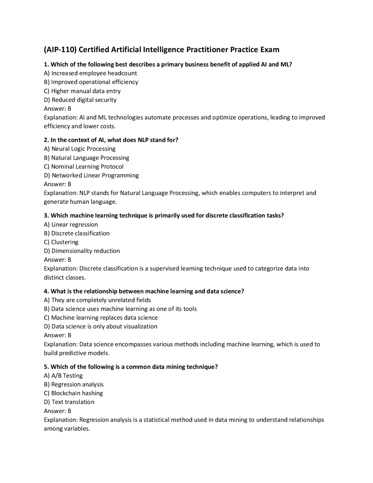 (AIP-110) Certified Artificial Intelligence Practitioner Exam | Exams Technology | Docsity