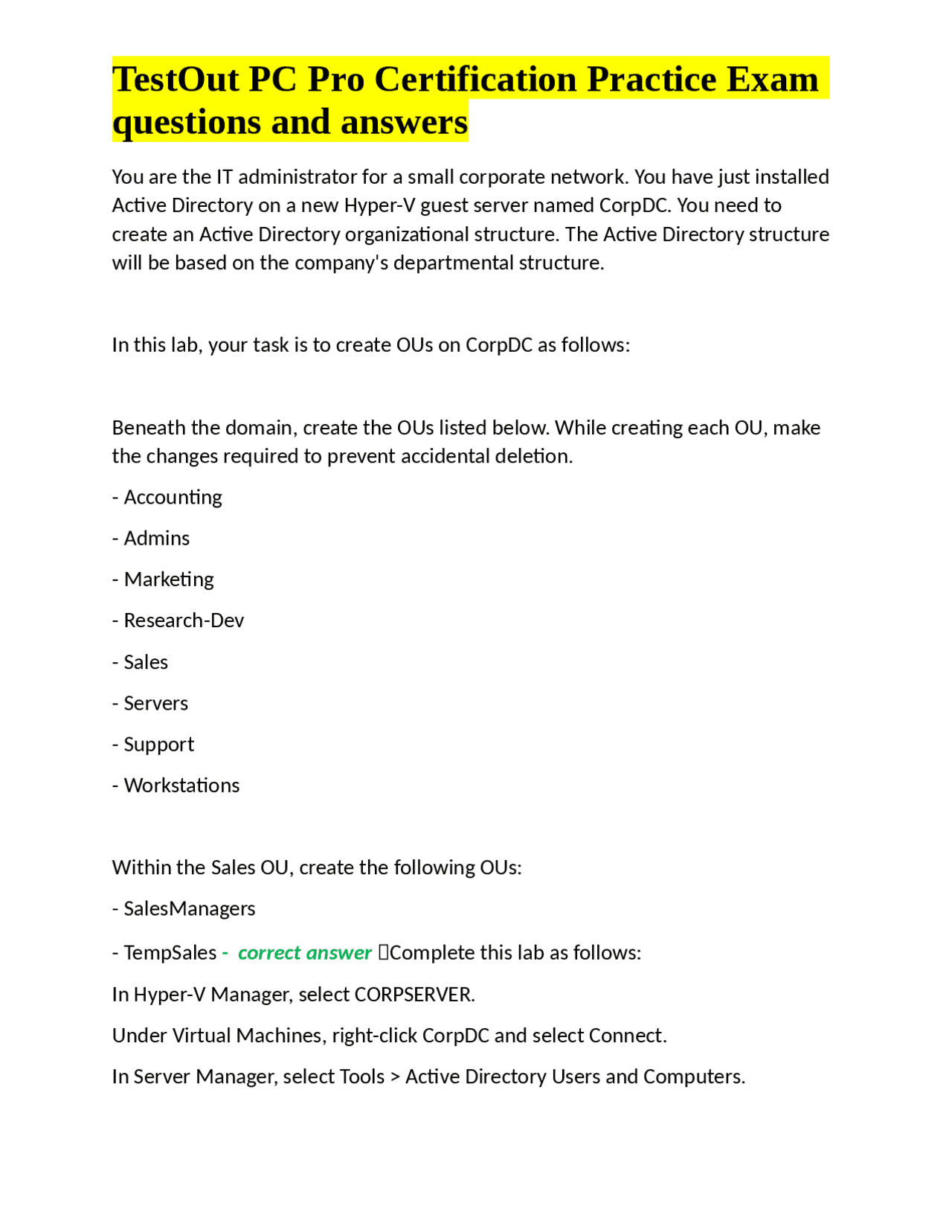 TestOut PC Pro Certification Practice Exam questions and answers ...