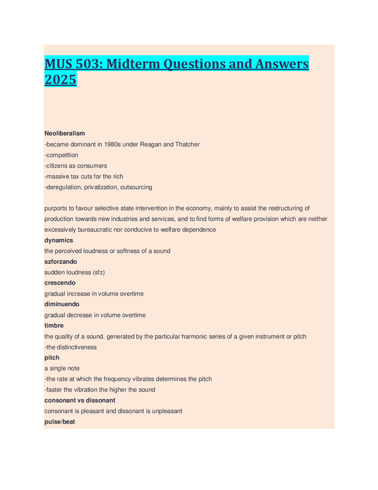 MUS 503: Midterm Questions and Answers | Exams Music | Docsity