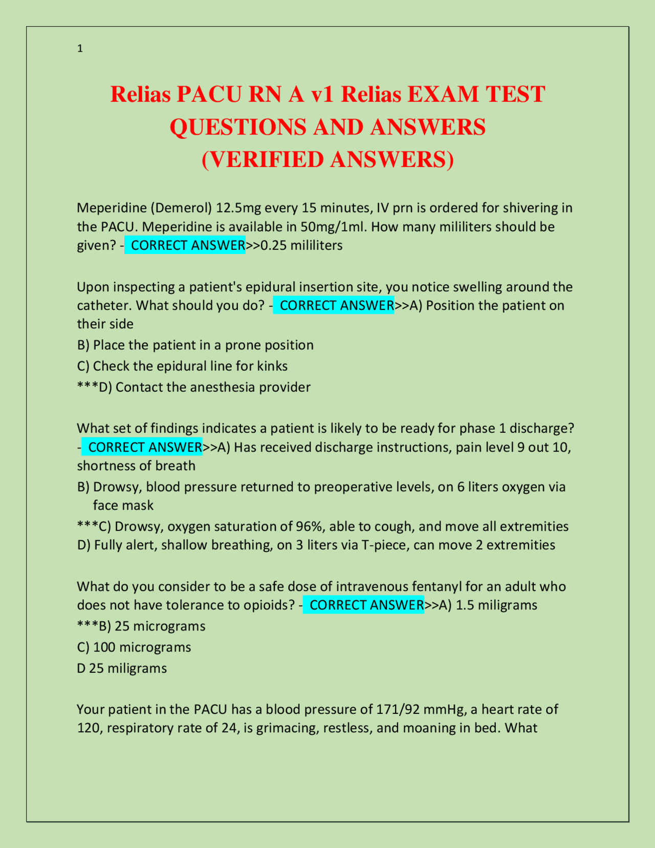 Relias PACU RN A v1 Relias EXAM TEST QUESTIONS AND ANSWERS (VERIFIED ...