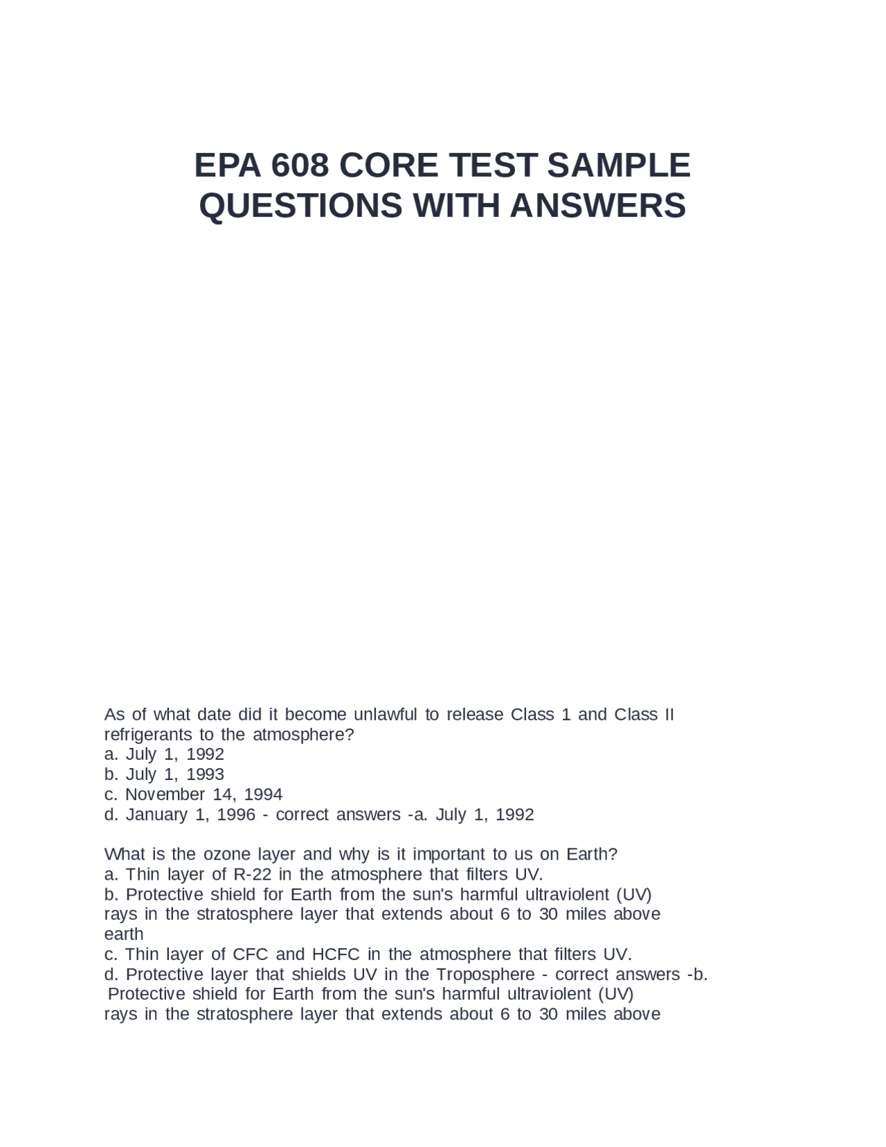 EPA 608 CORE TEST SAMPLE QUESTIONS WITH ANSWERS | Exams Advanced ...