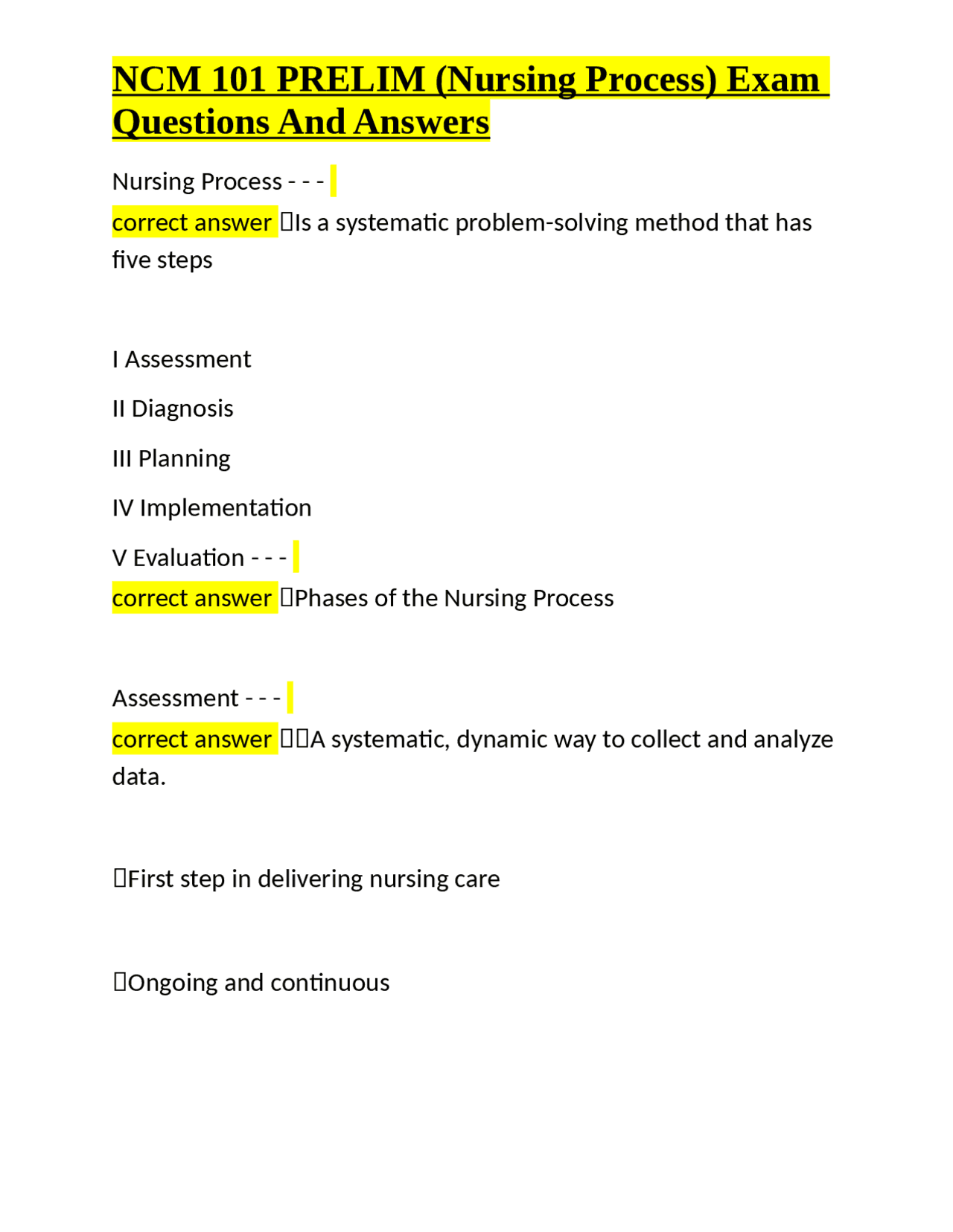 NCM 101 PRELIM (Nursing Process) Exam Questions And Answers | Exams ...