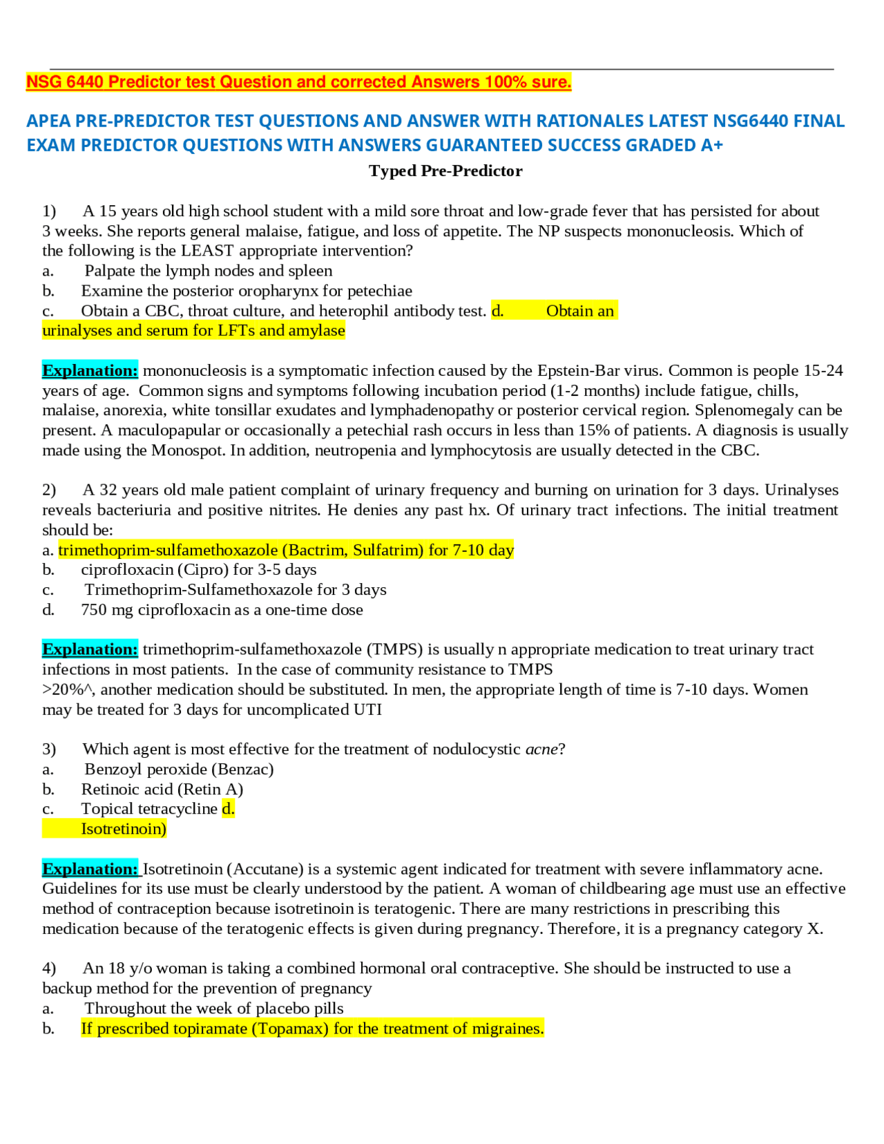 APEA PRE-PREDICTOR TEST QUESTIONS AND ANSWER WITH RATIONALES LATEST ...