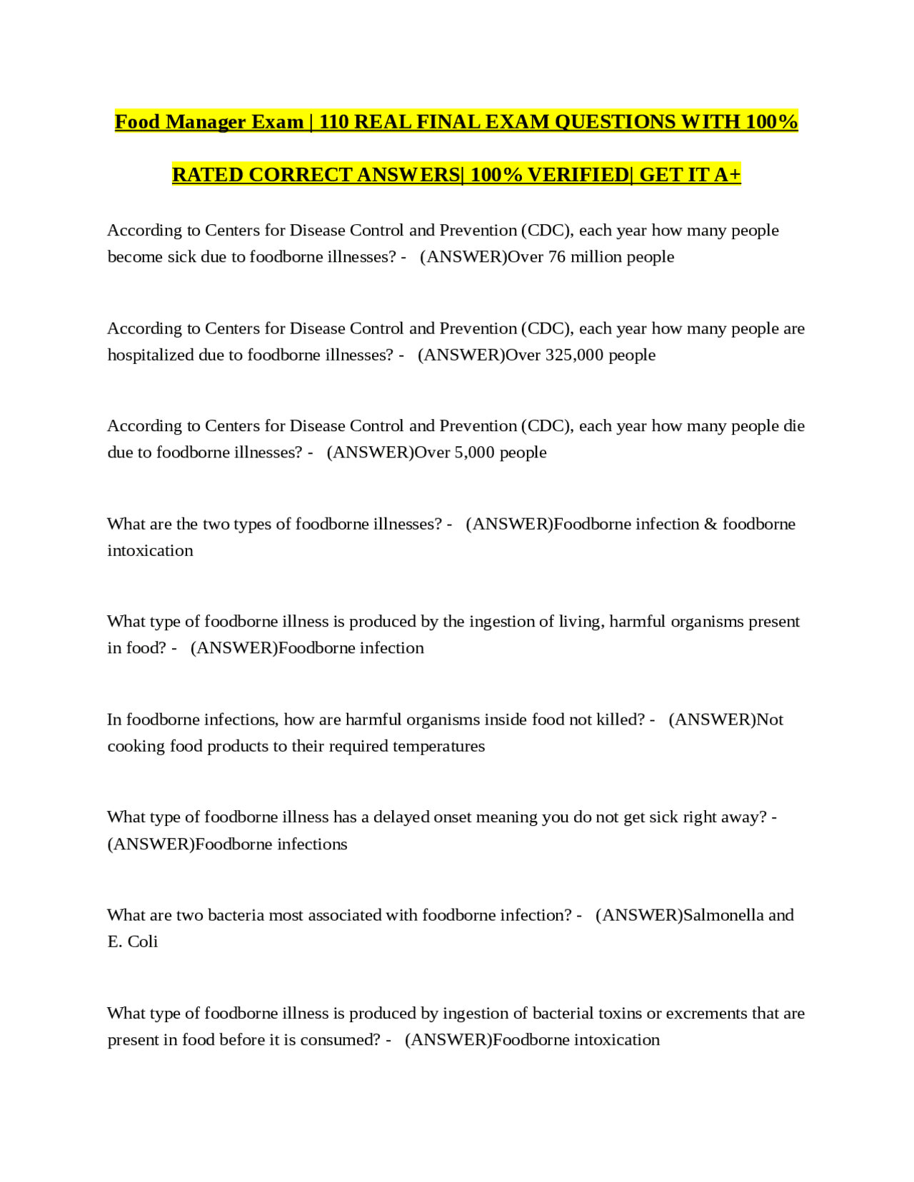 Food Manager Exam 110 REAL FINAL EXAM QUESTIONS WITH 100% RATED CORRECT ...