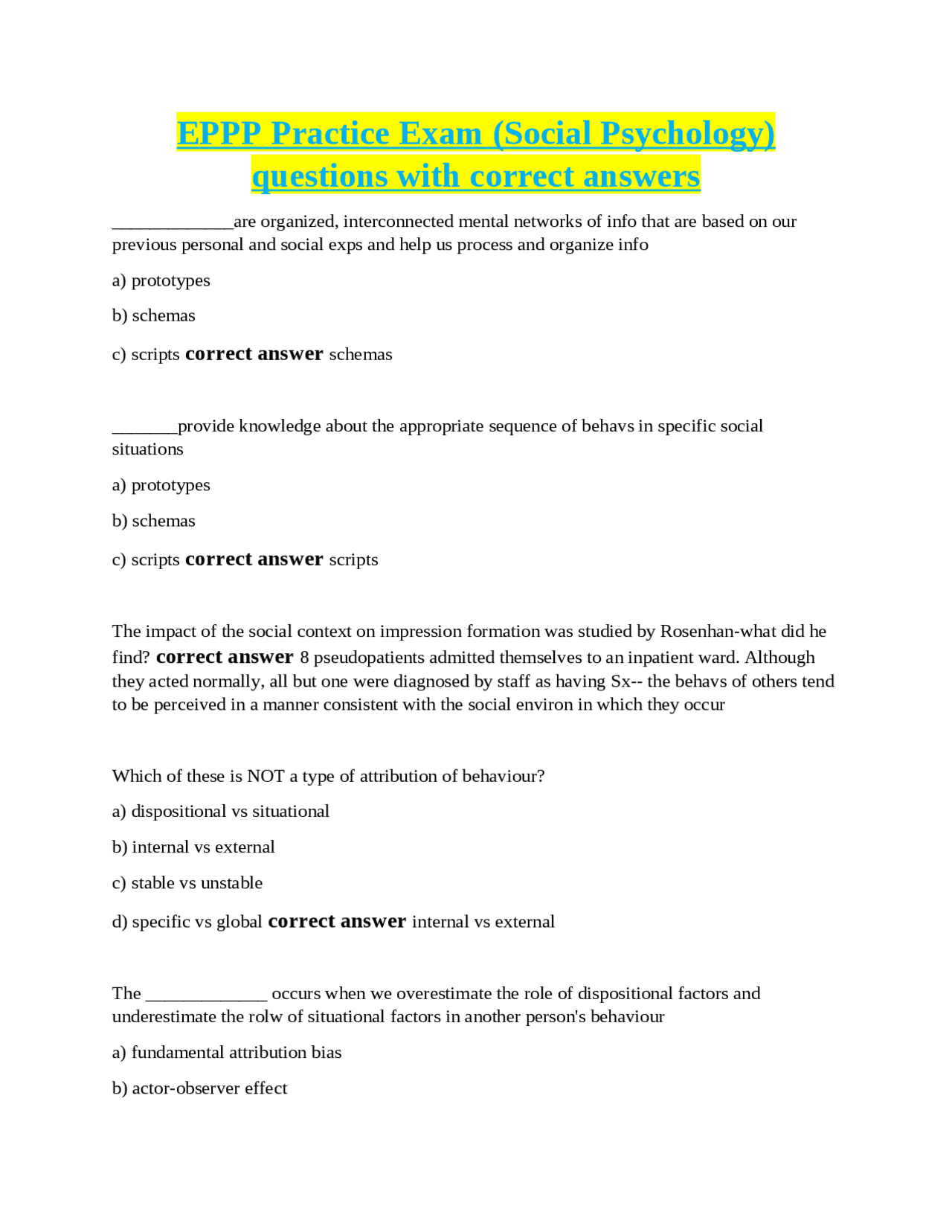 EPPP Practice Exam (Social Psychology) questions with correct answers ...