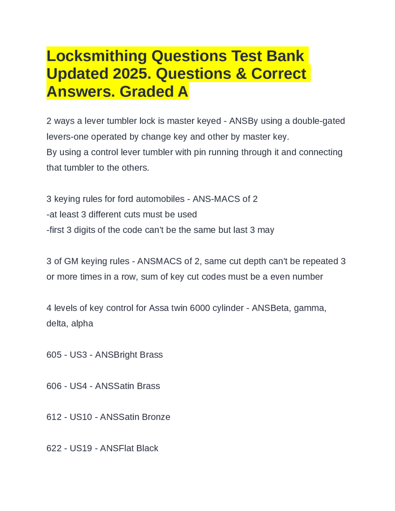 Locksmithing Questions Test Bank Updated 2025. Questions & Correct ...