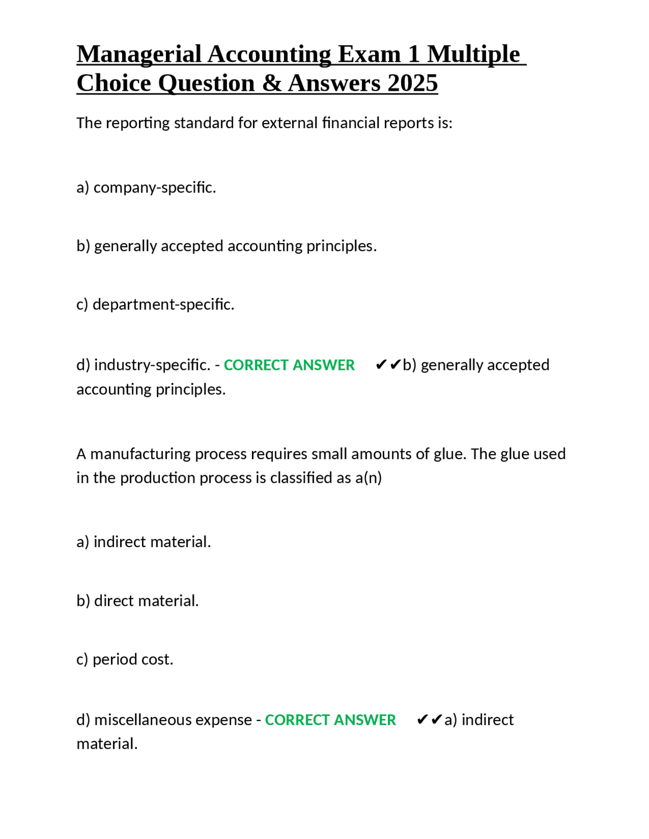 Managerial Accounting Exam 1 Multiple Choice Question & Answers 2025 | Exams Nursing | Docsity
