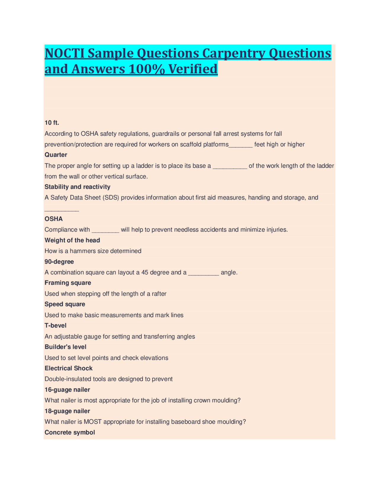 NOCTI Sample Questions Carpentry Questions and Answers 100% Verified ...