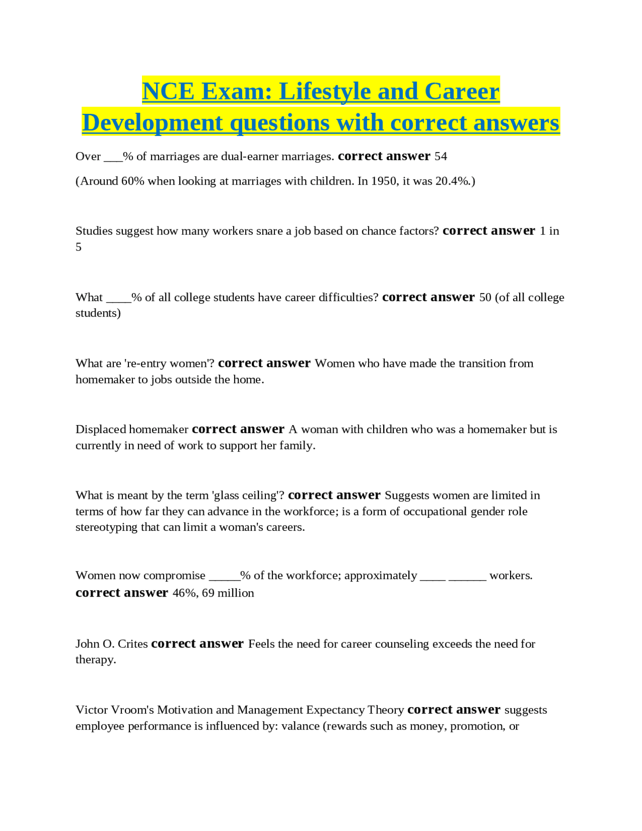 NCE Exam: Lifestyle and Career Development Questions and Answers ...