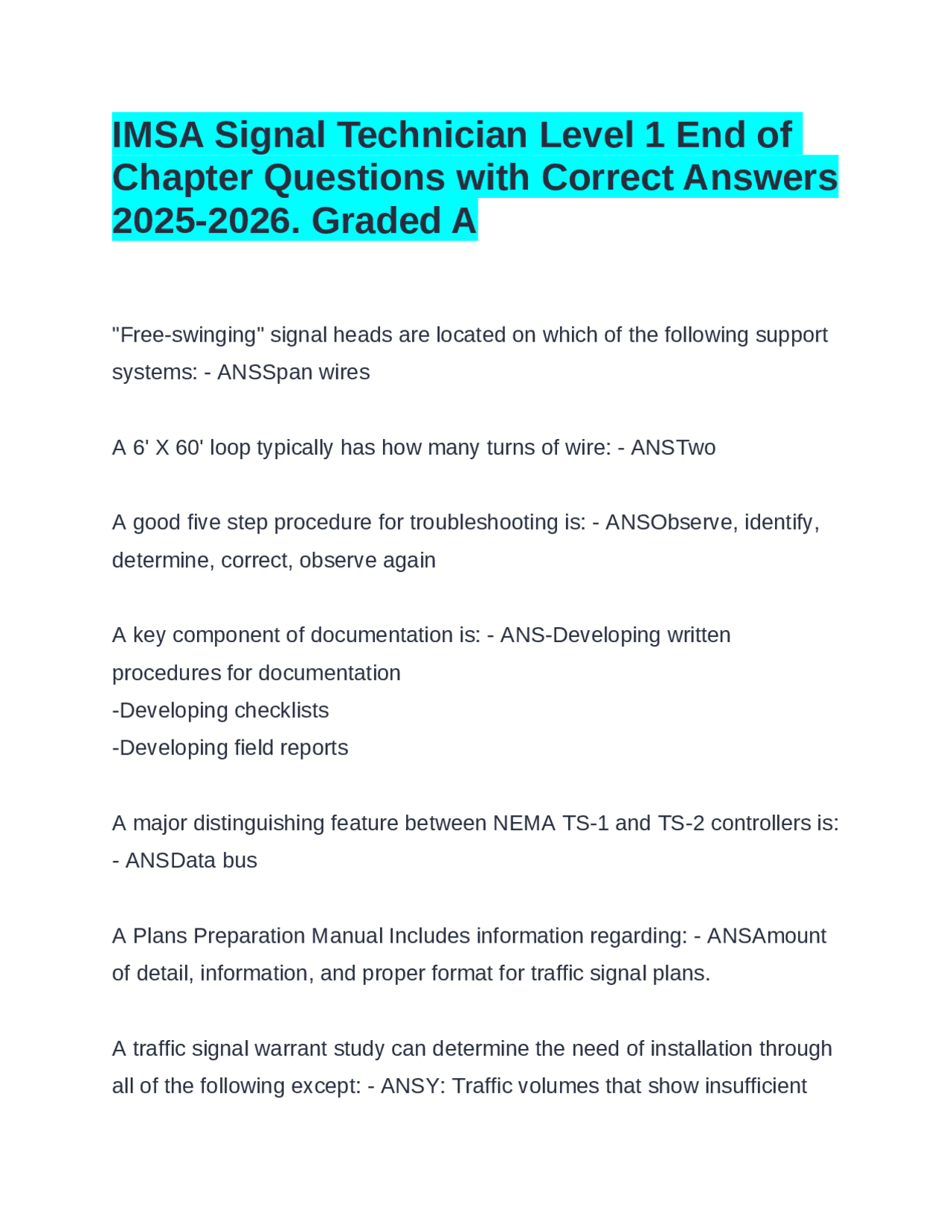 IMSA Signal Technician Level 1 End of Chapter Questions with Correct ...