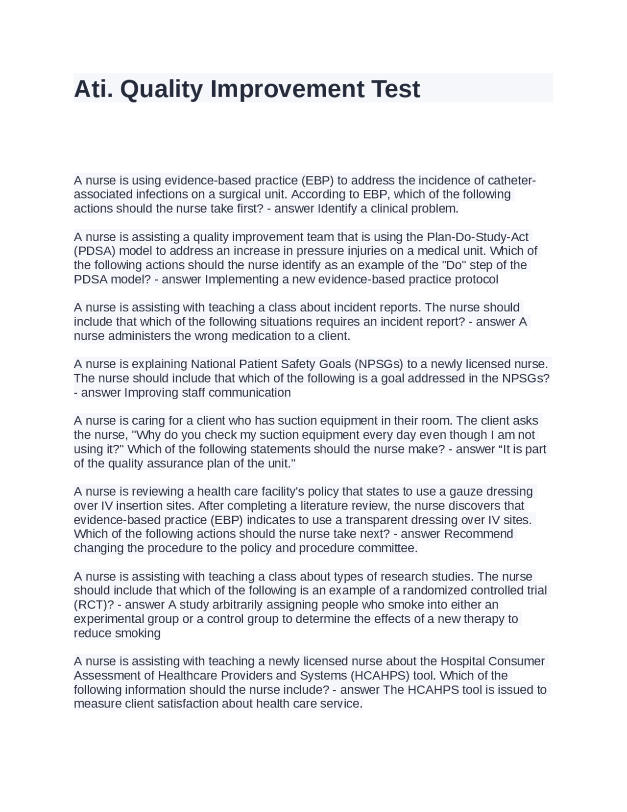 ATI. Quality Improvement Test Questions with Solutions | Exams Advanced ...