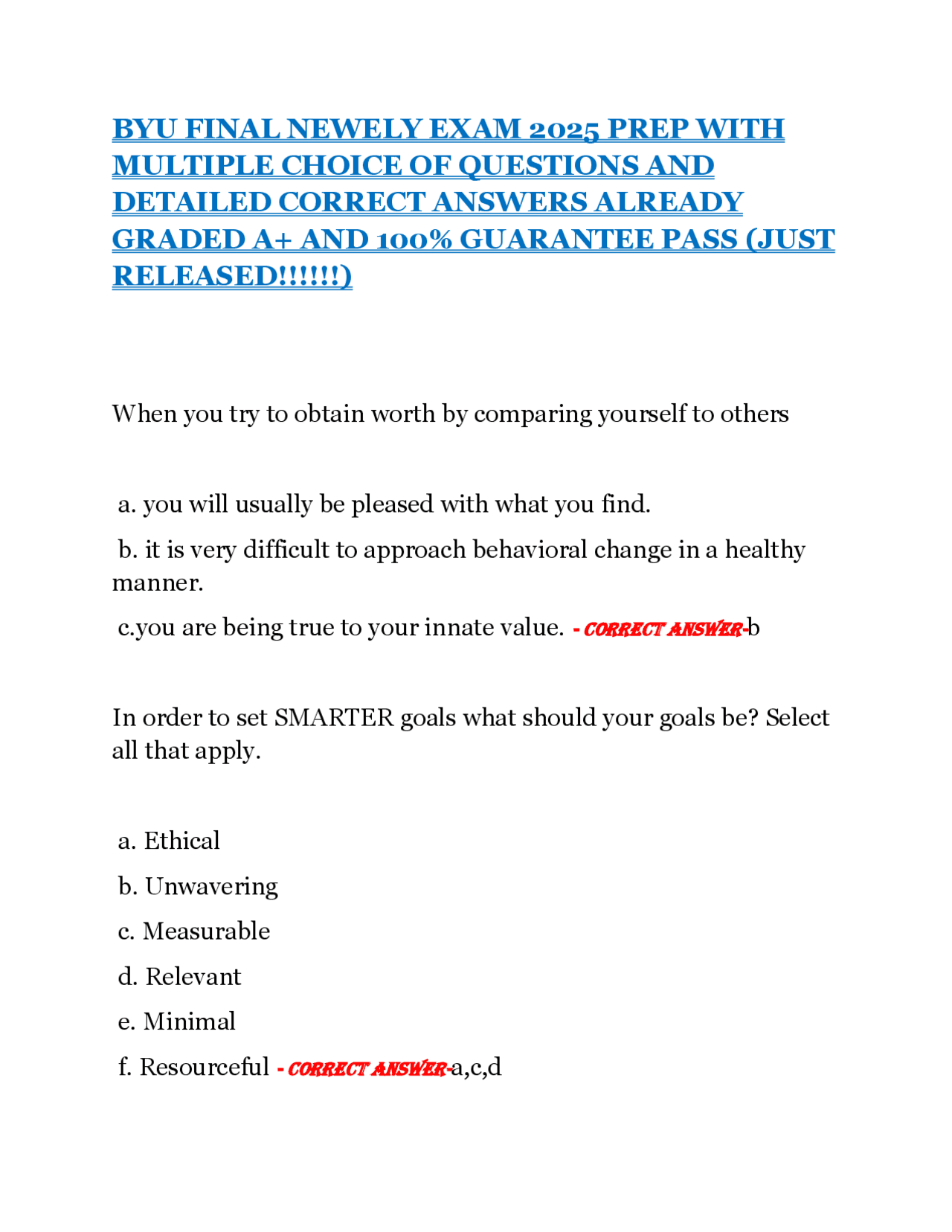 BYU FINAL NEWELY EXAM 2025 PREP WITH MULTIPLE CHOICE OF QUESTIONS AND ...