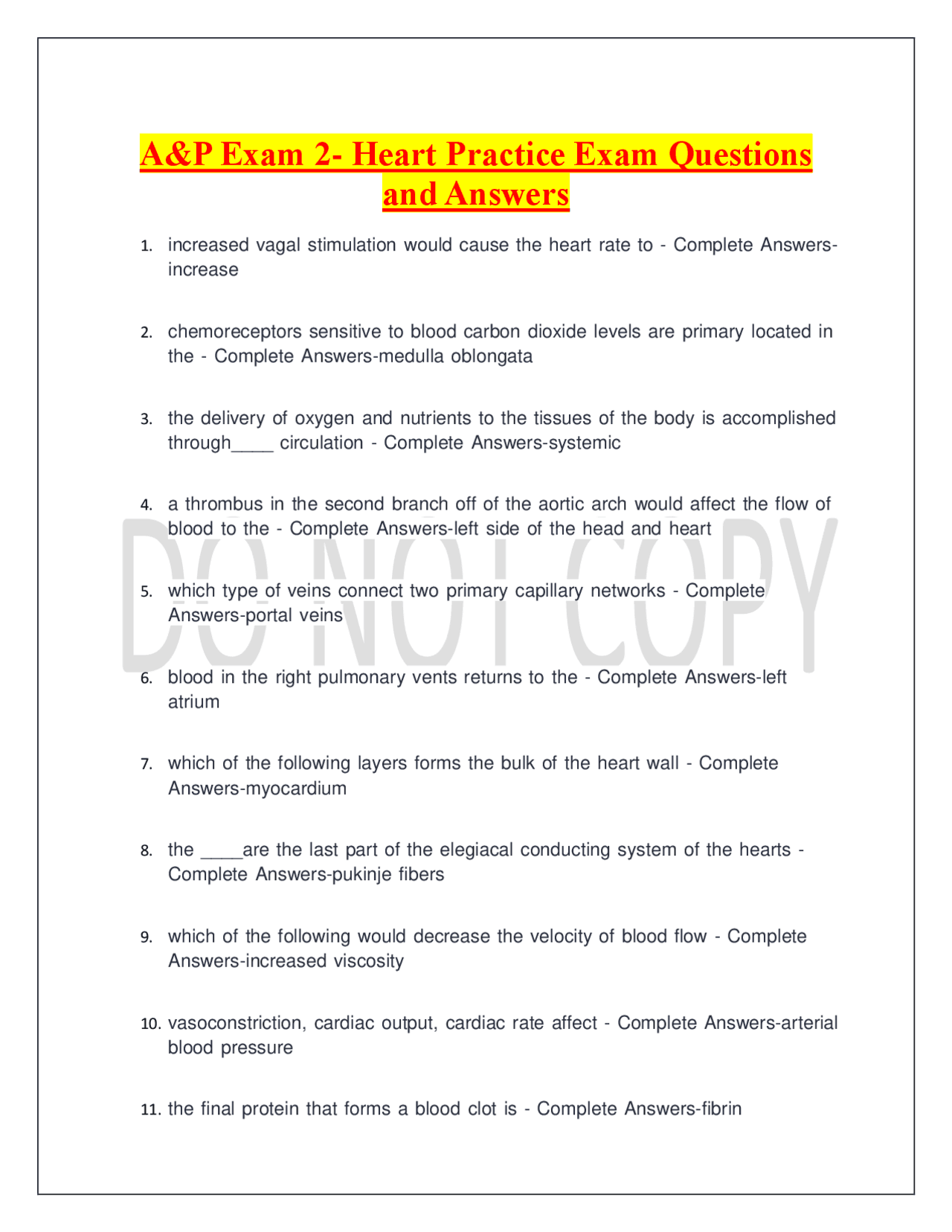 A&P Exam 2- Heart Practice Exam Questions and Answers | Exams Nursing ...