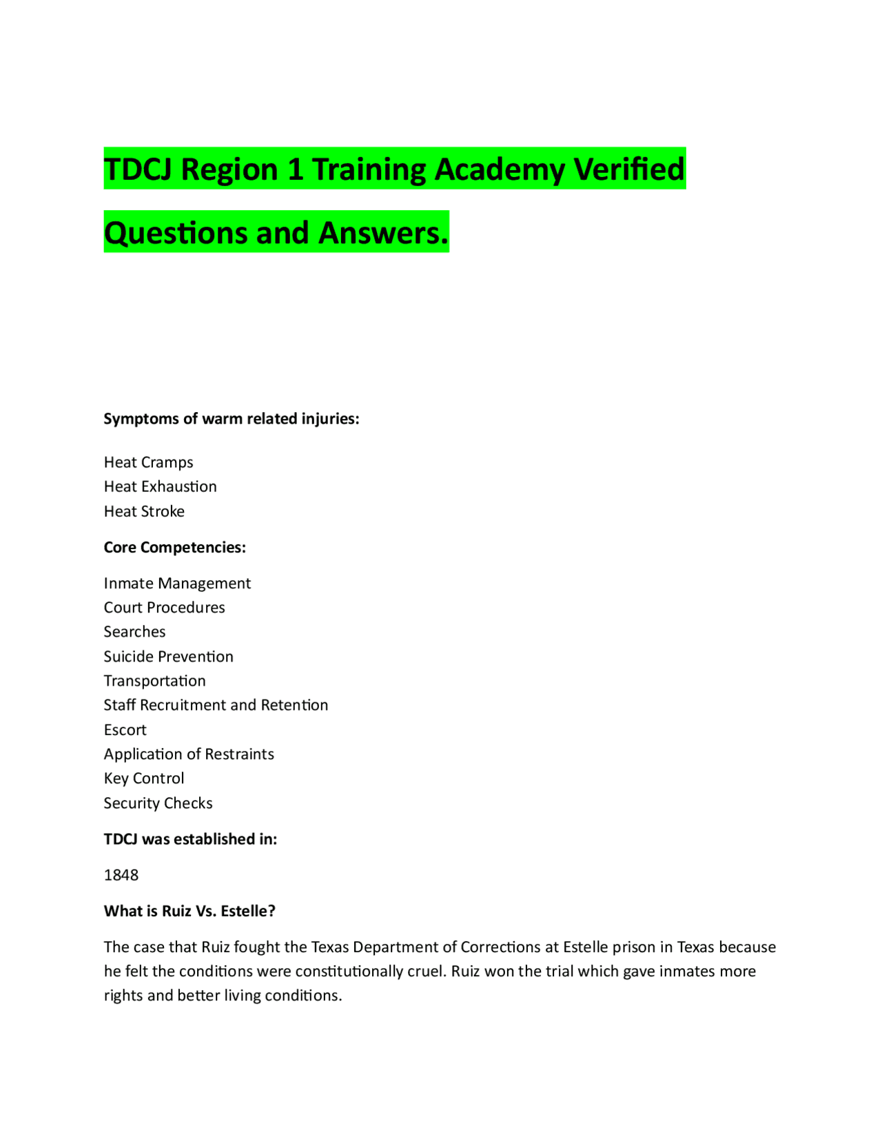 TDCJ Region 1 Training Academy Verified Questions and Answers | Exams ...